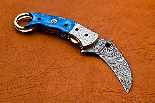 8.5" Handmade Damascus Folding Pocket Knife Karambit Knife Hunting Knife Handle Camel Bone Handmade Damascus Steel with Leather Sheath B50