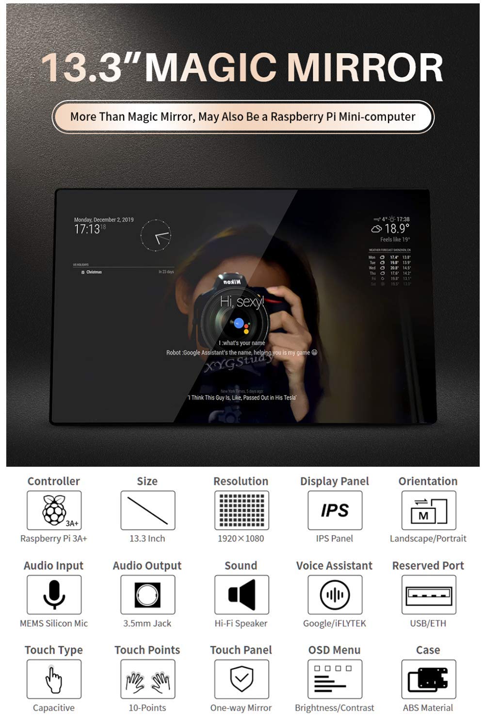 XYGStudy 13.3 inch IPS Display Monitor Capacitive Touch Control Panel Magic Mirror Screen Resolution 1920x1080 Voice Assistant with Raspberry Pi 3 A+ Inside Mini Computer Showing News Weather Time