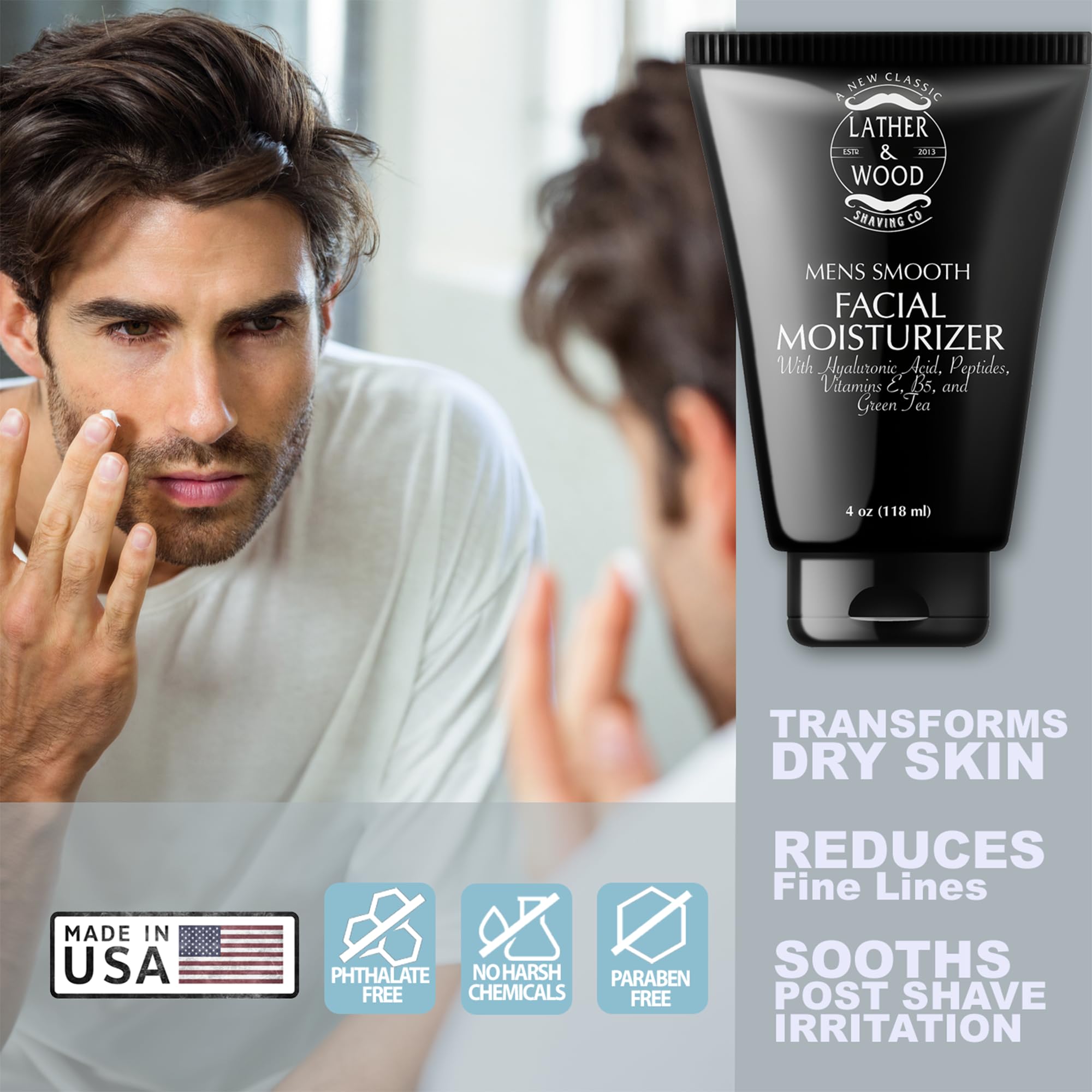 Face Moisturizer for Men - Lather & Wood's Luxurious Sophisticated Face Lotion for Men, for the Man’s Man. Fragrance-Free Facial Cream for Men. (Unscented, 4 ounce)