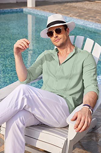COOFANDY Men's Mandarin Collar Shirts Linen Casual Long Sleeve Button Down Shirt Summer Beach Wedding Shirt Mint Green