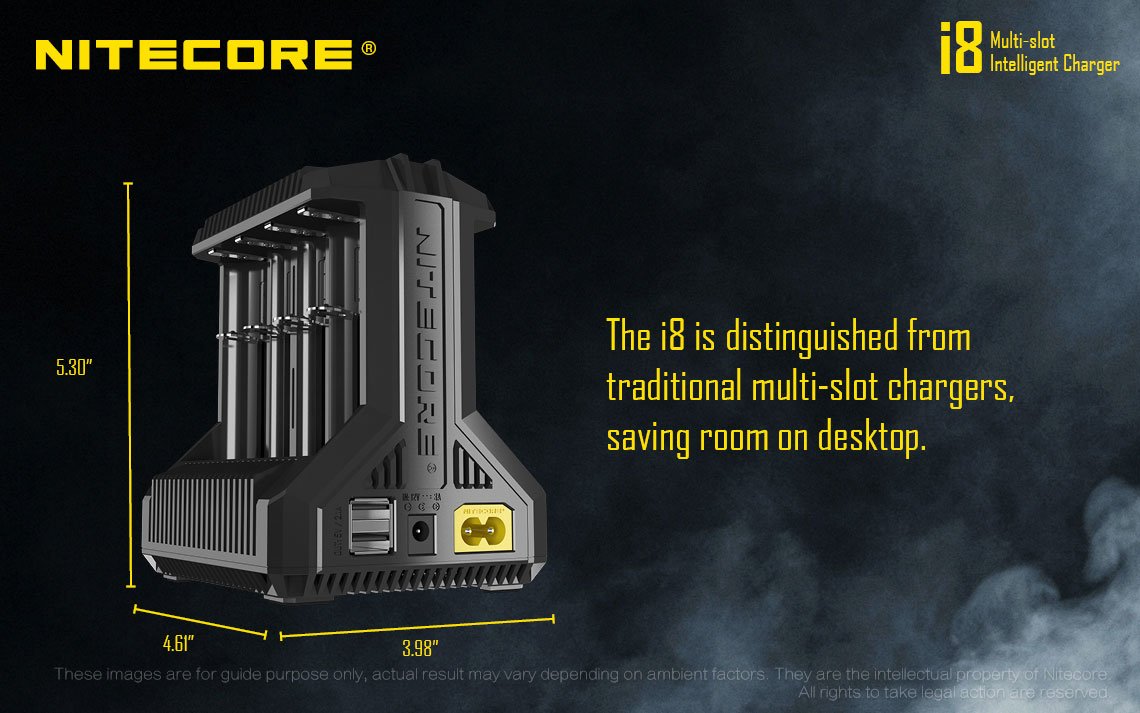 EdisonBright NITECORE i8 Eight Bays Smart Battery Charger for Li-ion/IMR/Ni-MH/Ni-Cd 26650 22650 18650 18490 18350 16340 RCR123 14500 AA AAA AAAA C D USB BBX3 Battery Carry case