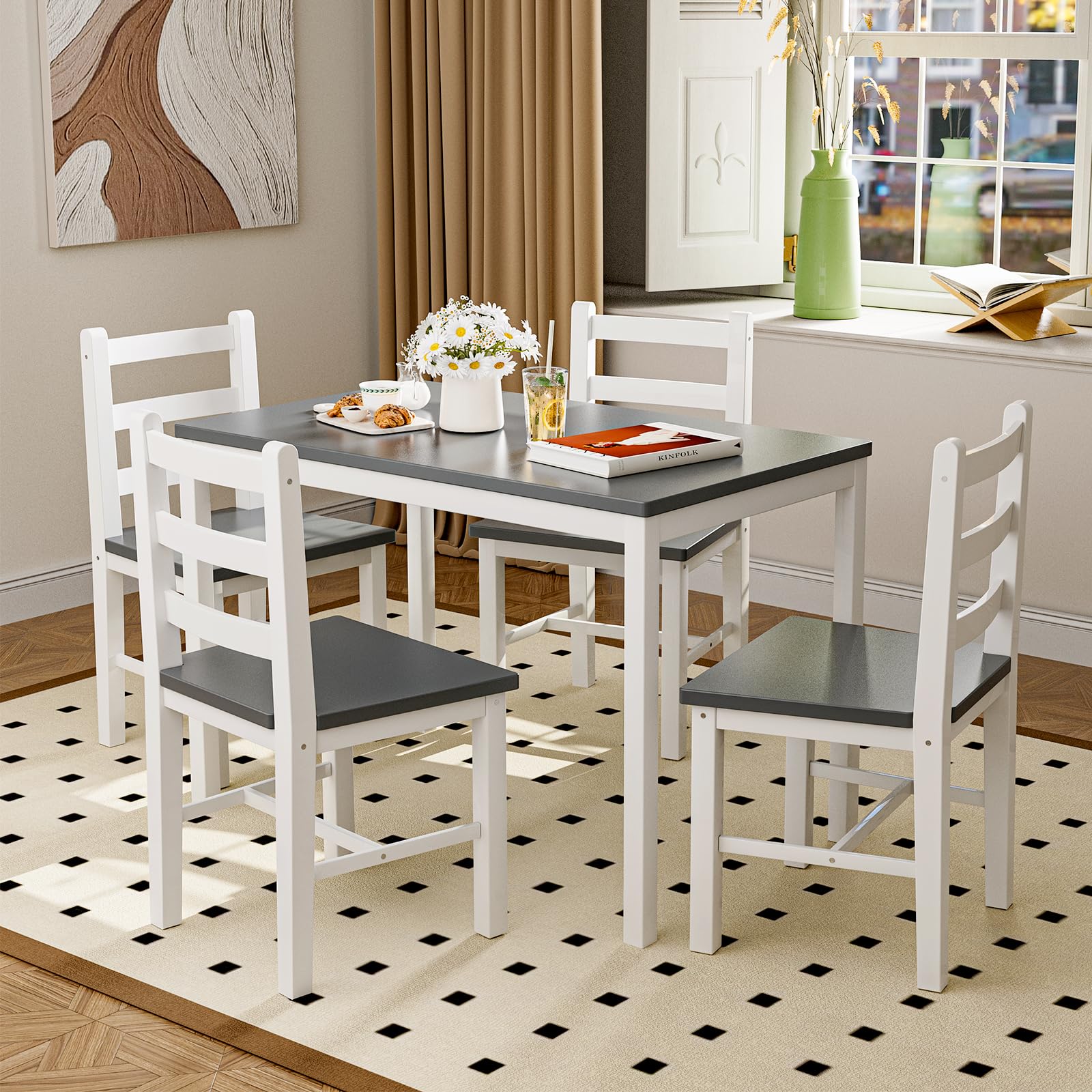 AOVSA Dining Table Set for 4, 5-Piece Small Kitchen Table Chairs Set, Farmhouse Wood Dining Furniture, Space-Saving for Home, Apartment, Kitchen, Restaurant