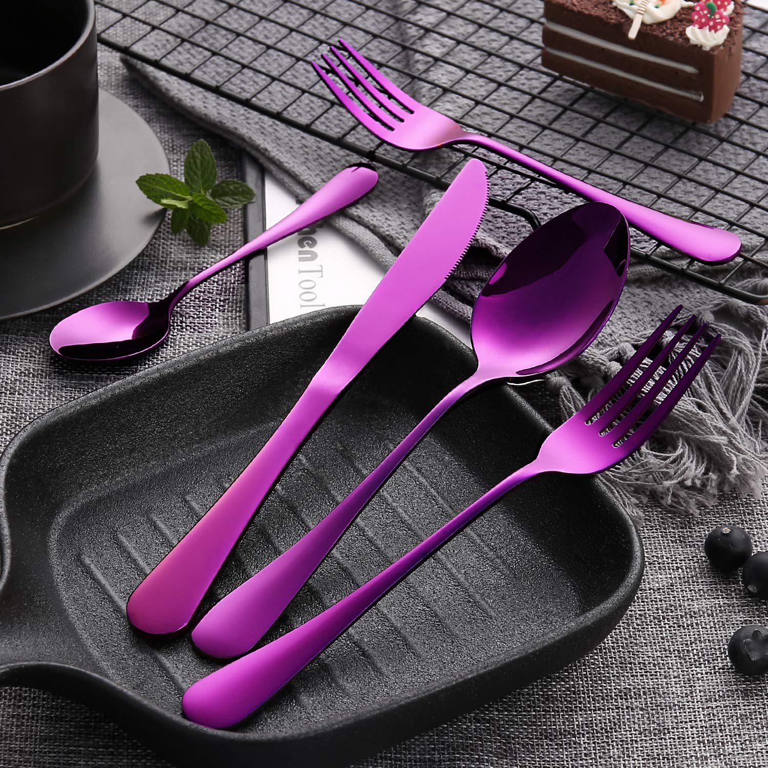 Silverware Set, 20-Piece Purple Flatware Cutlery Set Service for 4,Stainless Steel Kitchen Utensil Set Tableware Knife Spoon Fork Set for Home&Restaurant. Dishwasher Safe (Purple- 20 Pieces Set)
