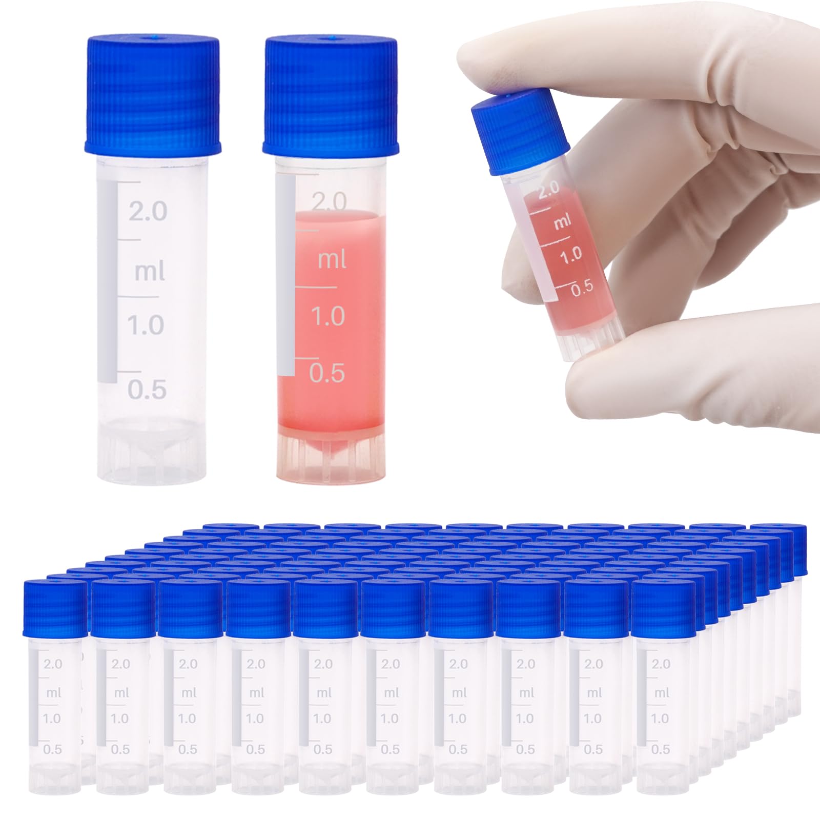 NAOEDEAH 100 Pcs 2ml Vials Centrifuge Tubes Plastic Sample Tubes Cryogenic Vials Small Vials with Screw Caps Graduated Bottles Test Tubes with Lids (Orange)