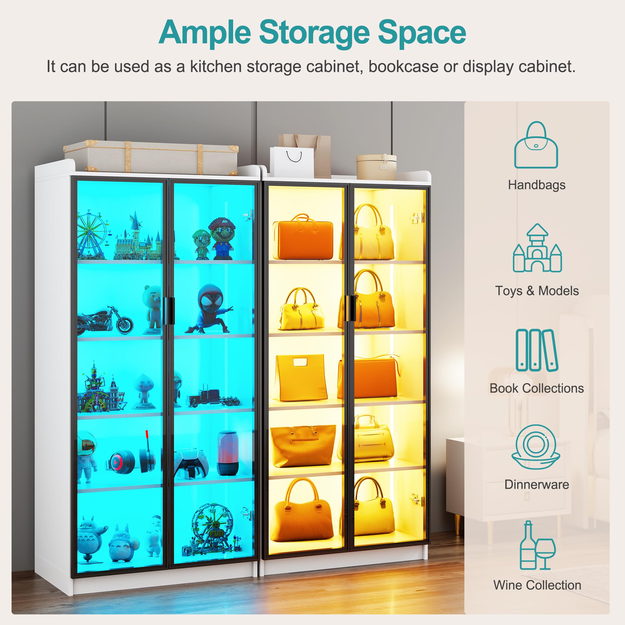 Lvifur Tall Storage Cabinet up to 70", LED Kitchen Pantry Cabinet with Human Body Induction, 5 Tier Bookcase Display Cabinet with Adjustable Shelves for Living Room Office (White)