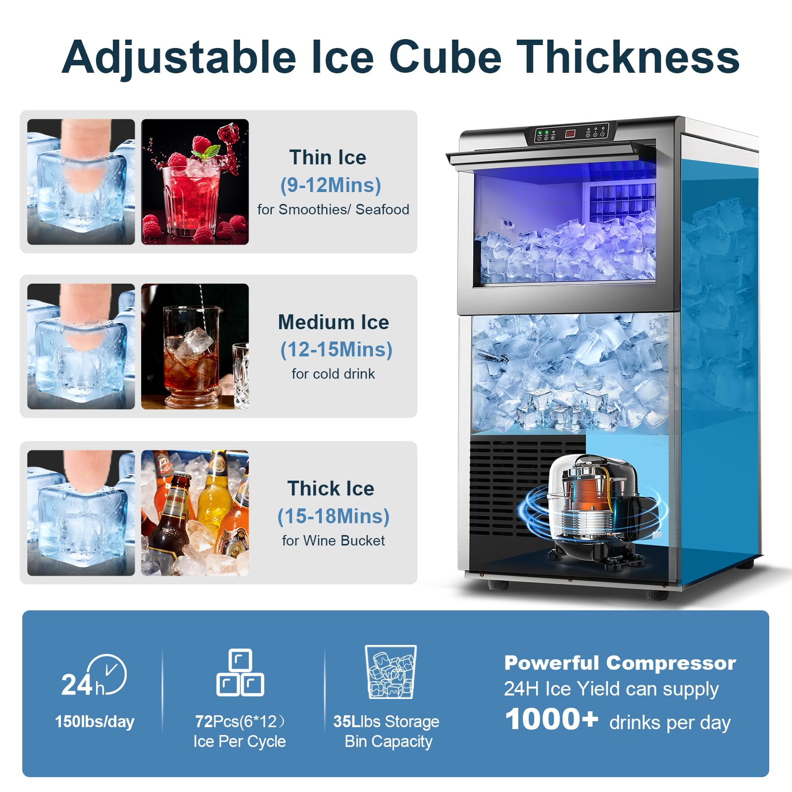 Amzgachfktch Commercial Ice Maker, 100lbs/24H Ice Maker Machine, Auto Self-Cleaning, LED Digital Display, Blue Light, Under Counter/Freestanding Ice Machine for Home/Office/Restaurant/Bar