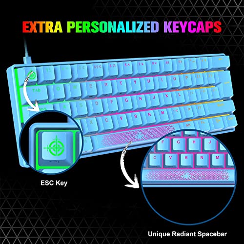 60% Mechanical Gaming Keyboard Mini Portable with RGB Backlit Full Anti-Ghosting 61 Key Ergonomic Metal Plate Wired Type-C USB Waterproof for Typist Laptop PC Mac Gamer(Blue Keycap/Blue Switch)