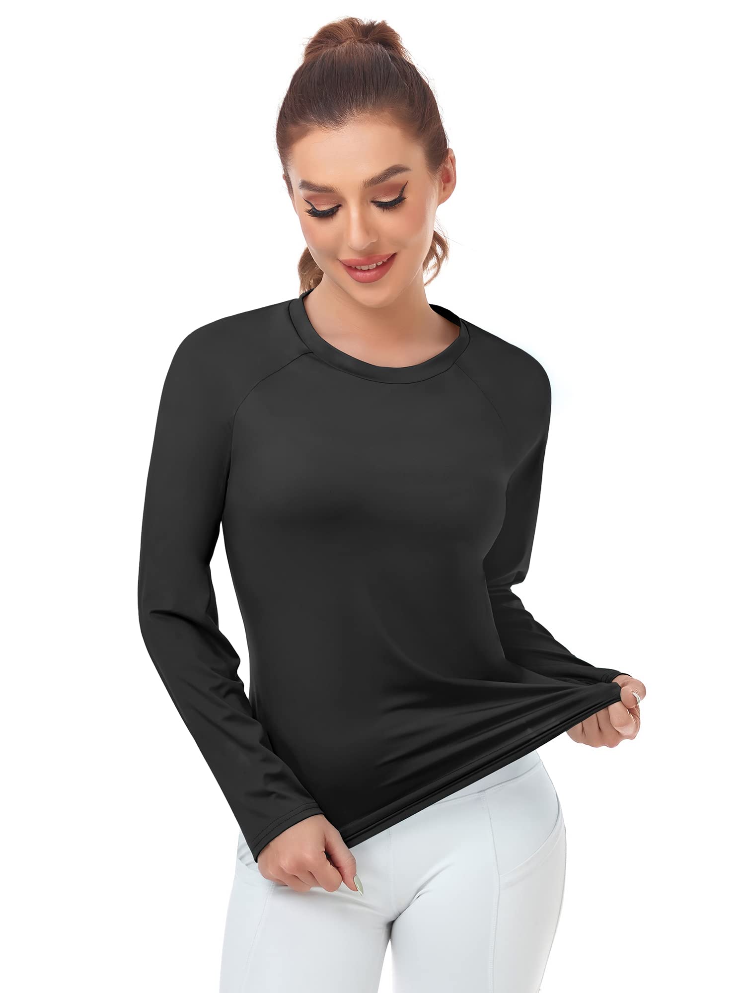 Abrooical Women's Sun Protection Shirt Long Sleeve Running Sport Workout Moisture Wicking Rash Guards Tops Black XX-Large