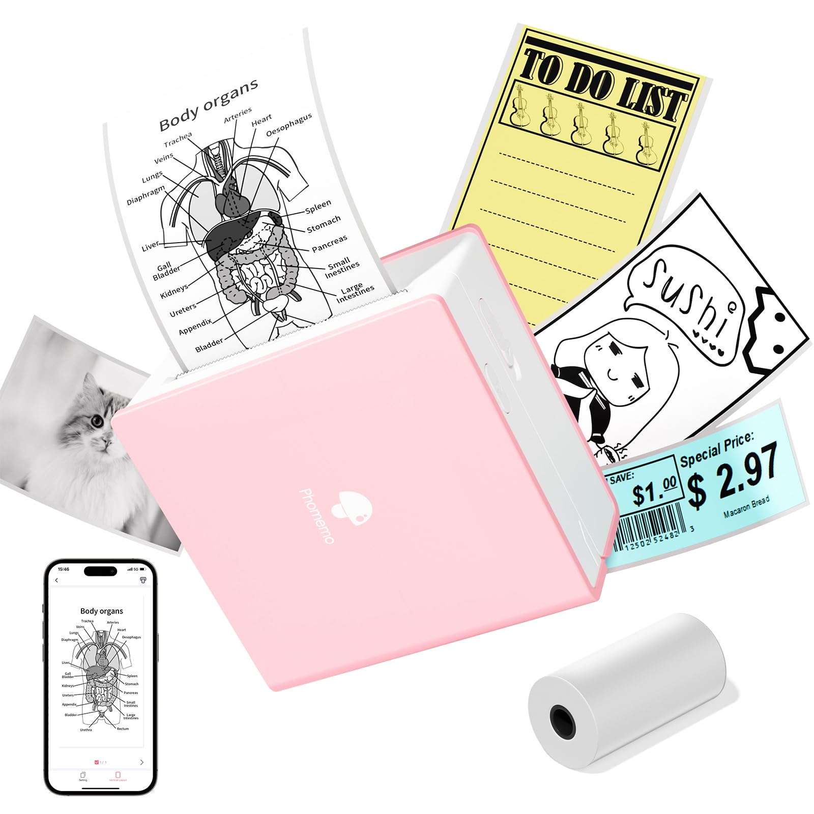 Phomemo-M02 Mini Pocket Printer- Bluetooth Wireless Thermal Portable Photo Printer, for Fun, Retro-Style Photos, Life Assistant, Good Gift, Pink