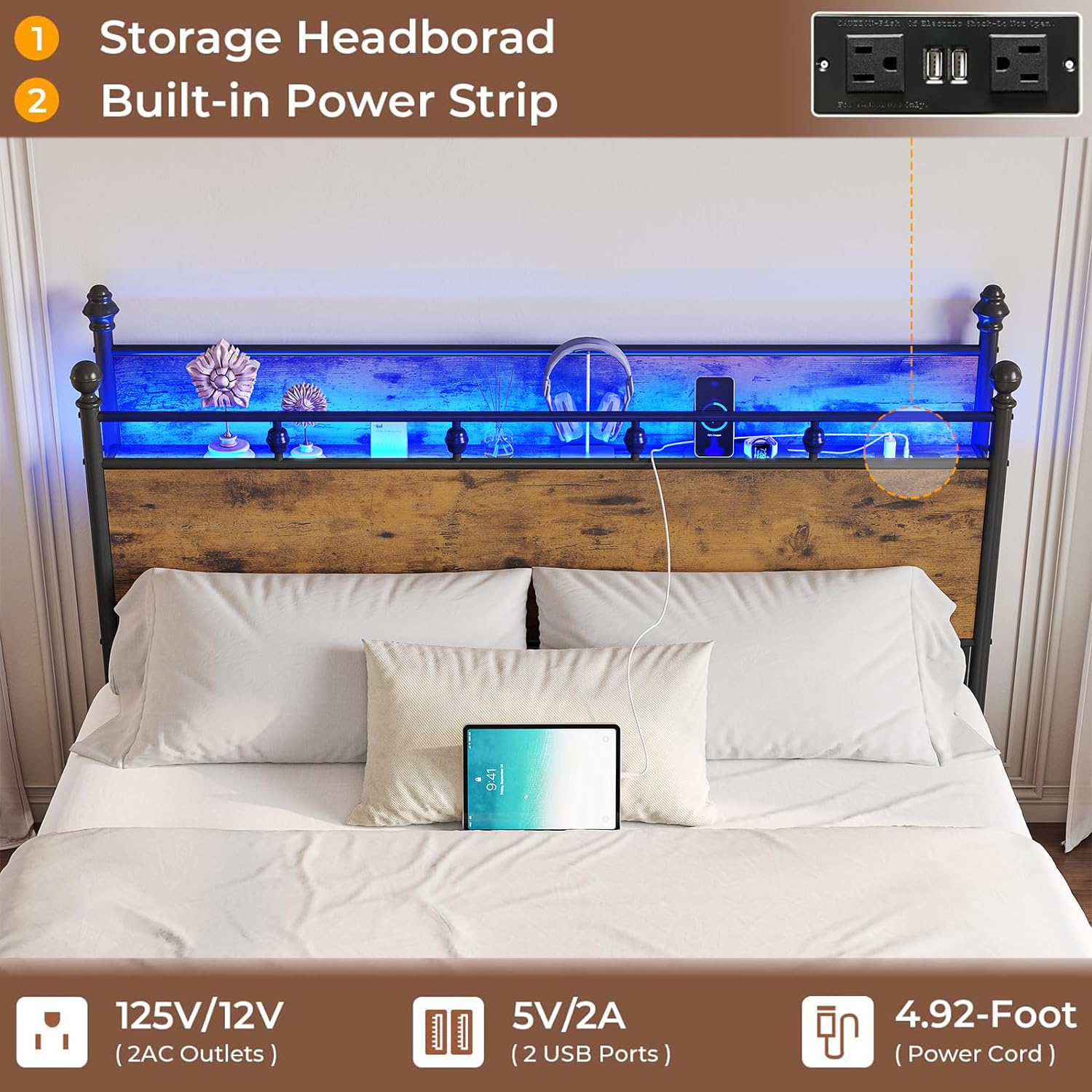 AOGLLATI Queen Bed Frame with 4 Storage Drawers, LED Bed Frame with Charging Station, Metal Platform Bed Queen Size with Storage Headboard, No Box Spring Needed