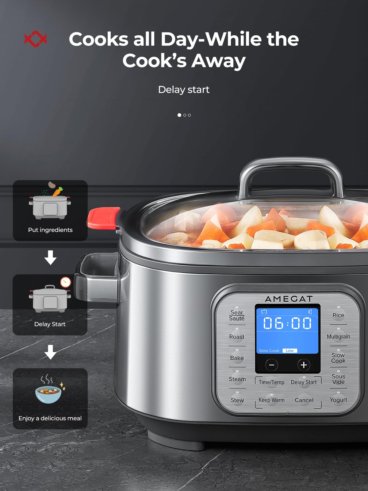 AMEGAT Slow Cooker 6 Quart, 10 in 1 Programmable Cooker, Rice Cooker, Sauté, Steamer & More, Stainless Steel Inner Pot, Steaming Rack & Glass Lid, Delay Start, Adjustable Temp & Time with LED Display