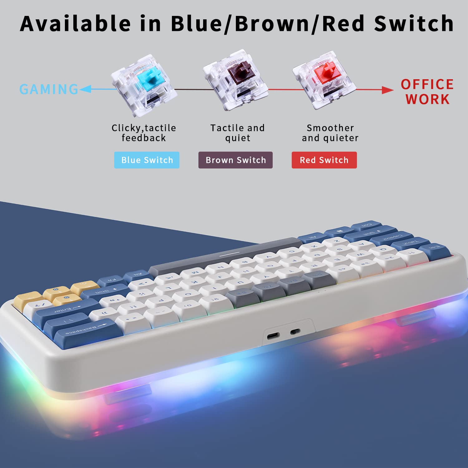 60% RGB Luminous Mechanical Keyboard, PBT Dye Sublimation Keycaps, 63-key Hot Swappable 3-pin/5-pin Switch, Programmable Tri-Mode Bluetooth 5.0/USB-C Wired/2.4GHz Wireless DIY Mechanical Keyboard