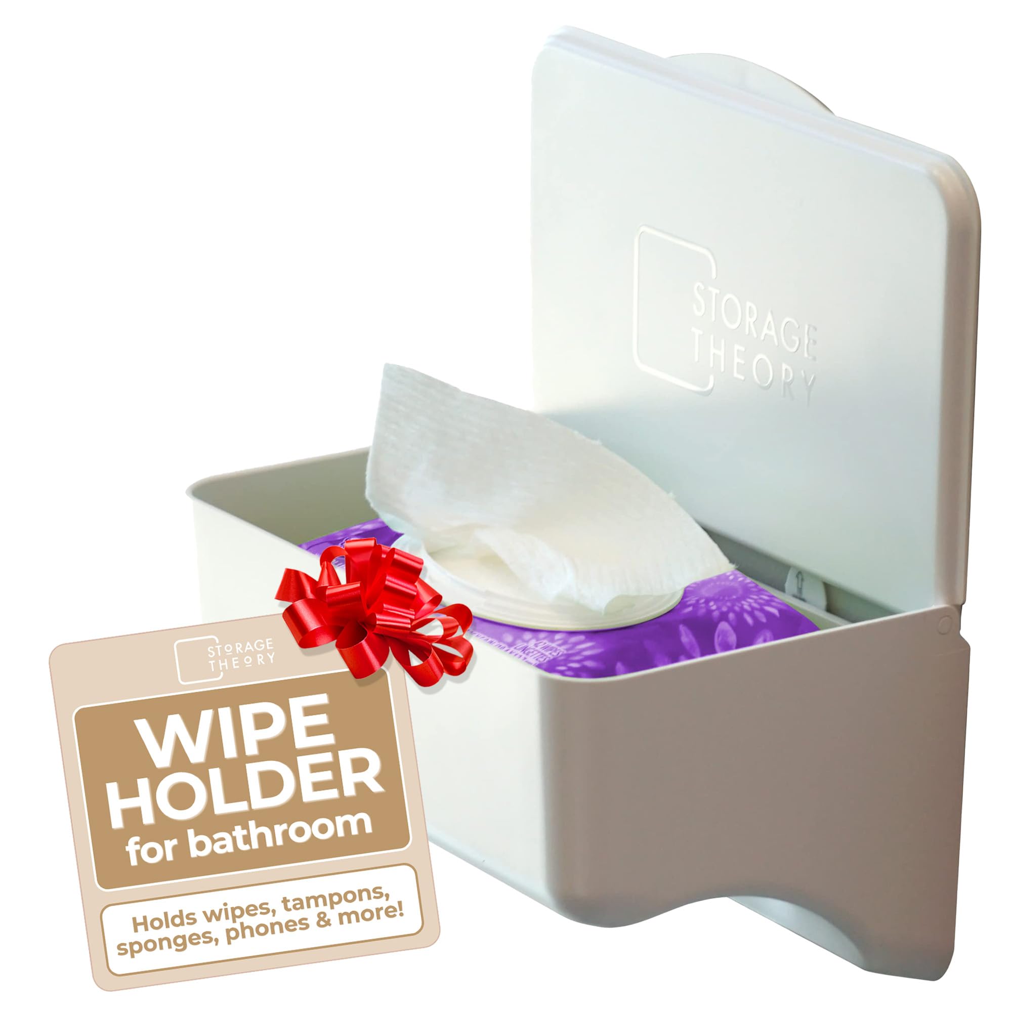 Storage Theory Bathroom Wipes Holder Dispenser with Shelf â Restroom Organizer & Toilet Wipe Holder for Bathroom Must Haves â Tool Free Wall Mounted Storage Baby Wipe Container White â 1 Pack