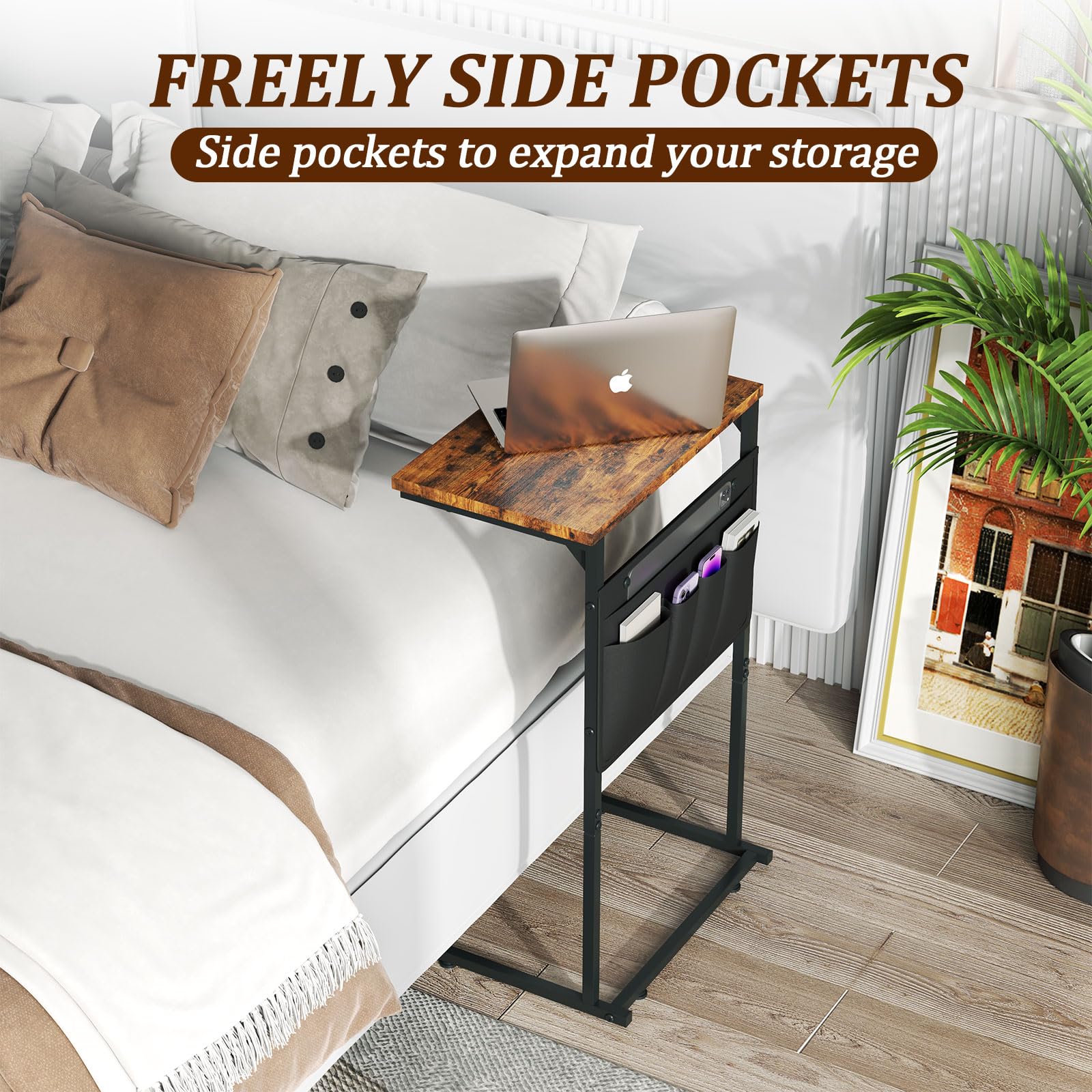 ZERDER C Shaped End Table, Small Side Table with Storage Bag for Couch, Sofa Table with Metal Frame for Living Room and Bedroom Bedside, Rustic Brown ZER-007Br