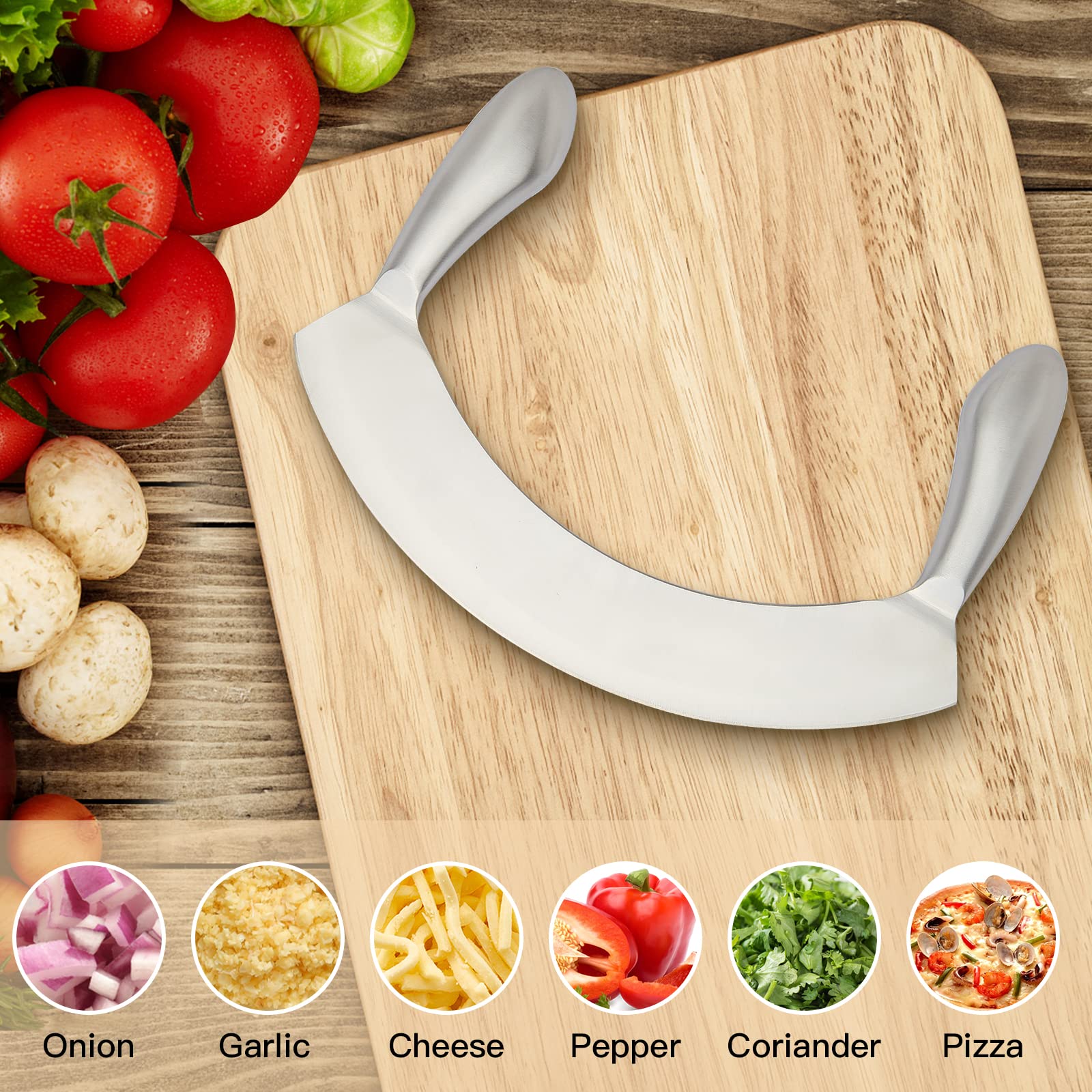 8.7 Inch Stainless Steel Mezzaluna Knife - Salad Chopper Rocker Pizza Cutter Rocker Knife Curved Blade Sharp Blade Double Handle Fruit Vegetable Mincing Knife