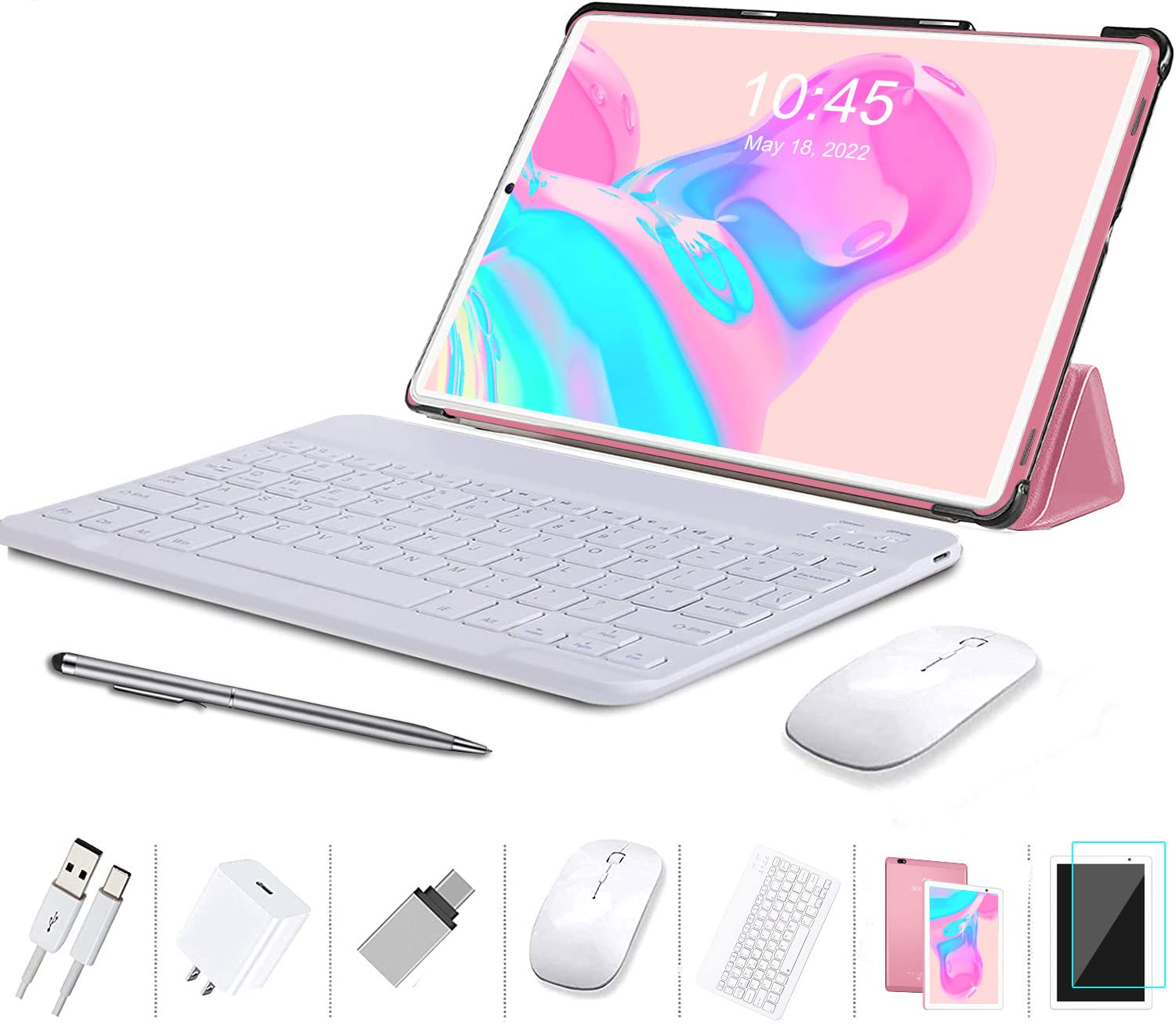 AOYODKG Tablet 10 inch,Android 10.0 Table,Tablet with Keyboard,4GB RAM 64GB ROM, Quad Core, GMS Certified, Tablet 10 inch IPS HD Display, 8MP Dual Camera, 8000mAh,4G WiFi, OTG, GPS, Bluetooth(Pink)