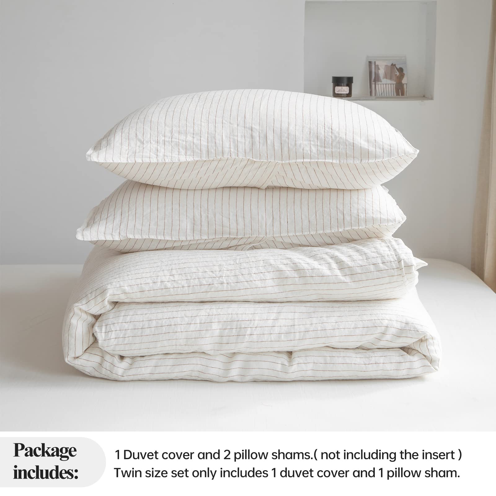 Simple&Opulence 100% Pure Linen Duvet Cover Set, 3Pcs Striped Washed Natural Flax Bedding Set with Button Closure, Soft Breathable Durable Farmhouse,1Duvet Cover and 2Pillowshams (Queen, Brown Stripe)