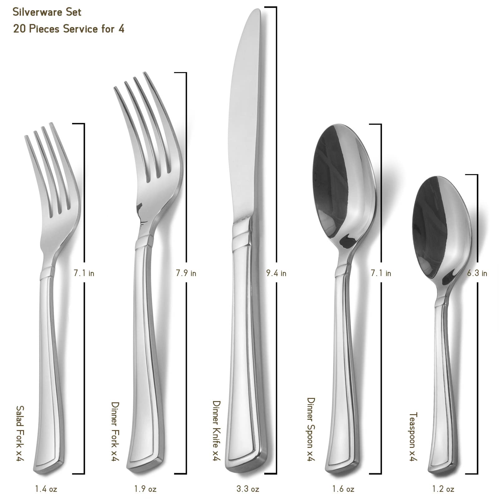 Alata Moss 20 Piece Silverware Set Service for 4,Premium Stainless Steel Flatware, Mirror Polished Cutlery Utensil Set,Durable Tableware Set,Include Fork Knife Spoon Set,Dishwasher Safe