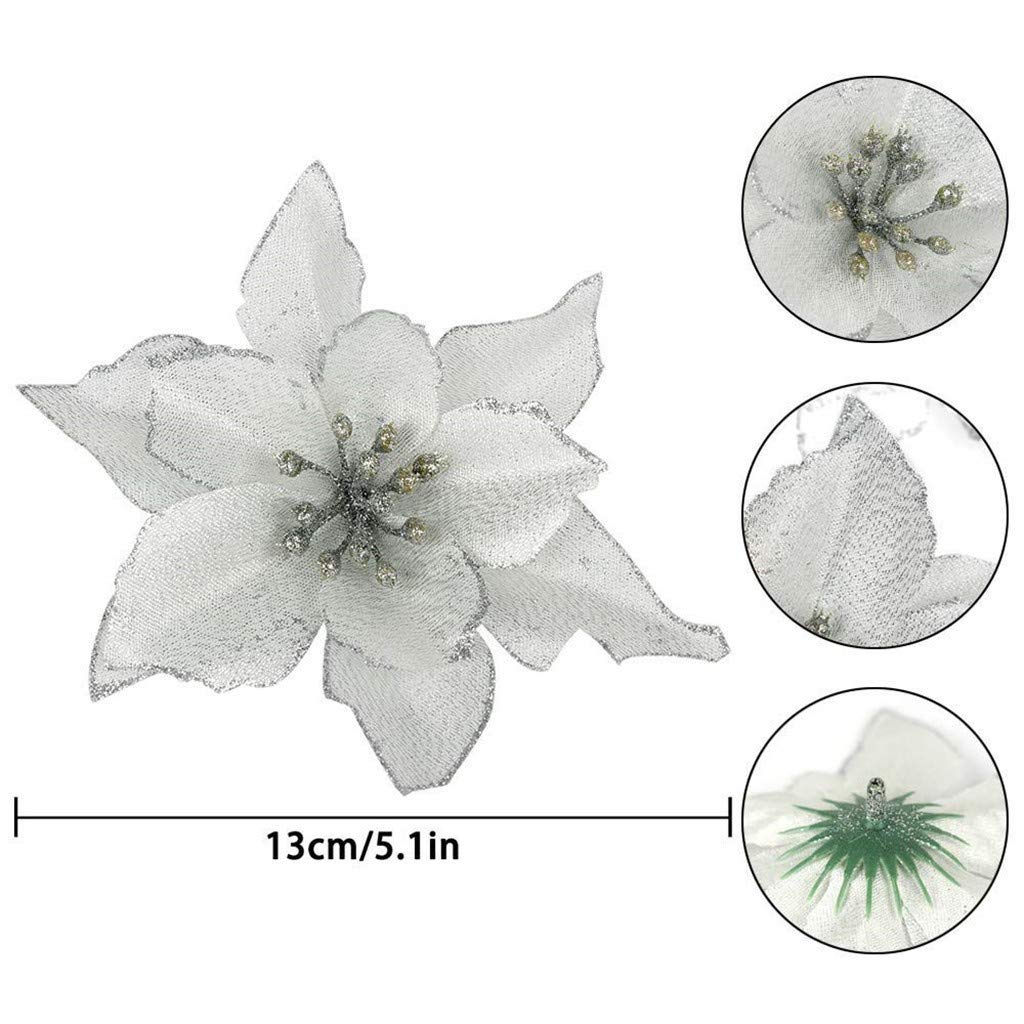 Christmas Glitter Flower Ornaments,Jchen 16Pcs Glitter Bling Christmas Tree Ornaments Artificial Christmas Flowers Christmas Tree Decoration Flower for Christmas Home Party Wedding Decor (Silver)