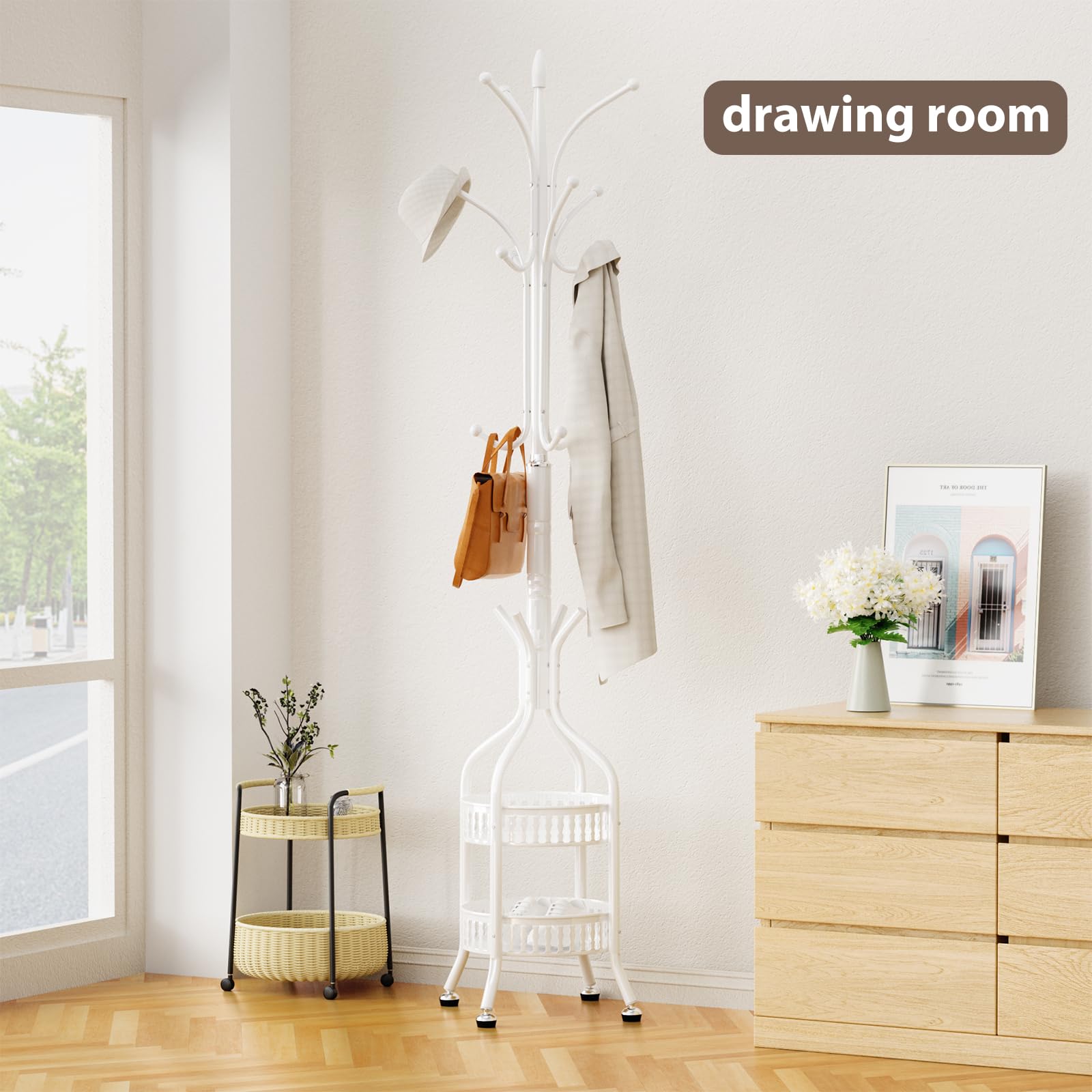LAZEYARD Modern Metal Coat Rack Stand with Double Layer Basket,Coat Rack Freestanding Hat Hall Tree with 12 Hooks For Hanging Scarf,Bag,Jacket,Hat Coat Hanger Stand for Home Entry-way,Bedroom,Office