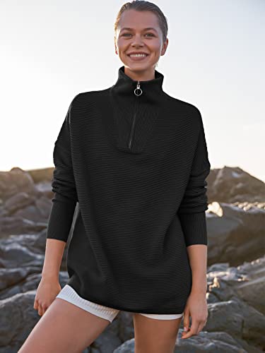 ANRABESS Women's Sweater Oversized Quarter Zipper Casual Long Sleeve Collar High Neck Ribbed Knit Loose Fit Half Zip Tunic Pullover 2023 Fashion Fall Outfits Tops 802heise-XL Black