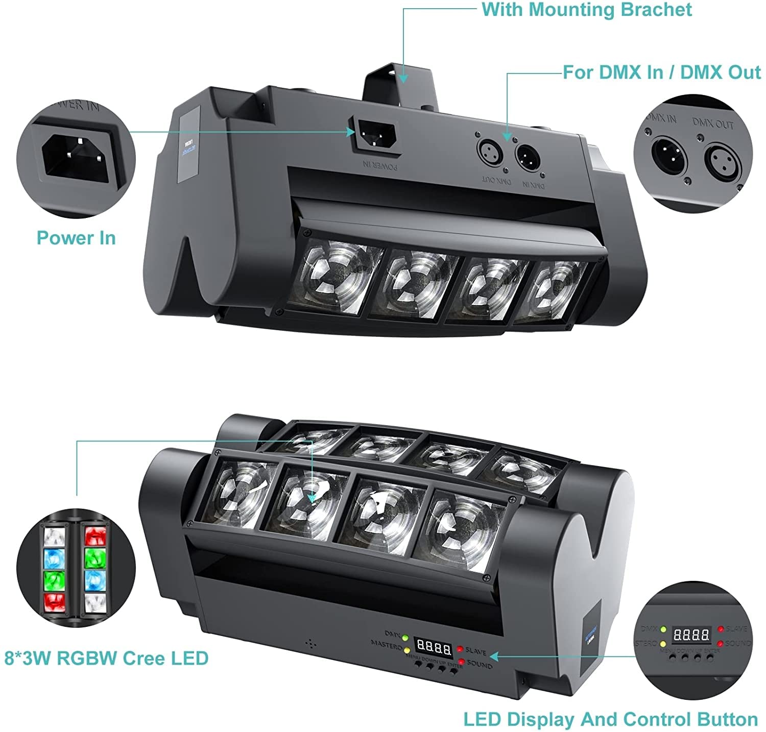 Seven Stars Moving Head DJ Light, 8 Beams Spider LED Stage Light, Master-Slave/DMX/Sound/Auto Control Modes, RGBW 4 in 1 Spotlighting for Wedding, Karaoke, Disco, Light Show and Events (2 Pack)