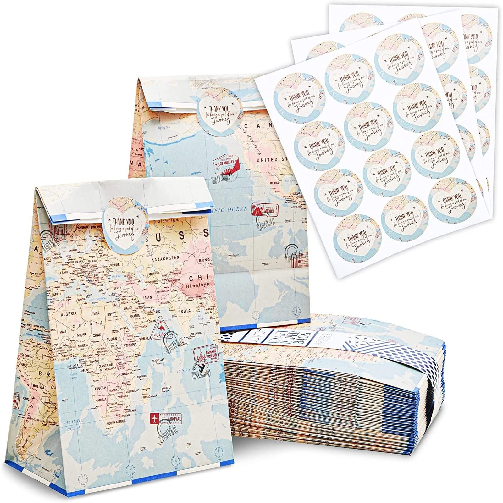 BLUE PANDA 36 Pack World Map Travel Favor Bags with Stickers Gift Bag for Travel Themed Party Decorations - Birthday Baby Shower Goodie Bags for Kids (8.7 x 5.15 In) - Travel Theme Party Favors