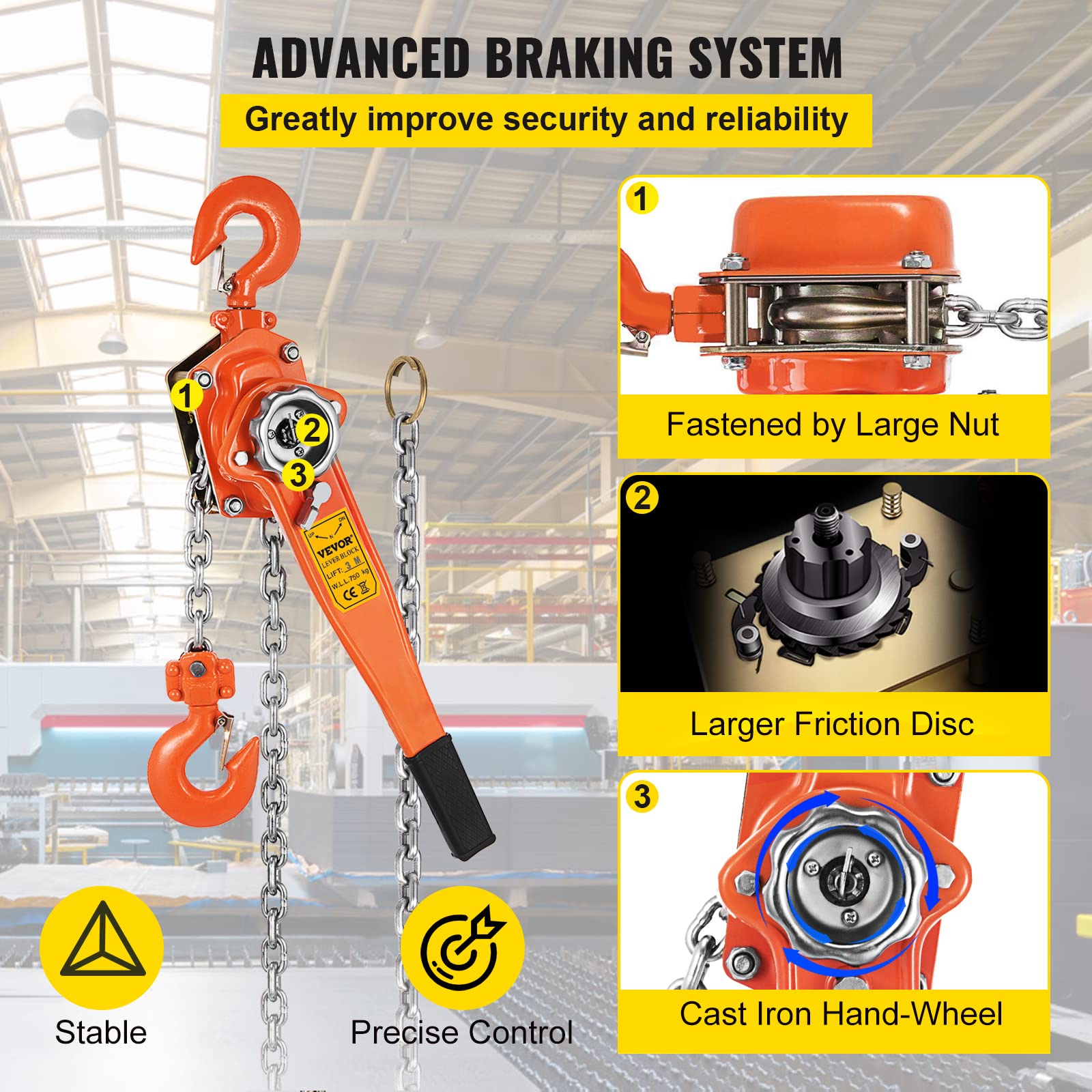VEVOR Lever Chain Hoist, 0.75Ton 1650lbs Capacity Ratchet Puller with 10FT Max. Lifting Height, Come Along 2 Heavy Duty Steel Hooks, Manual Handling Tool for Cargo Moving in Construction, Warehouse , Orange