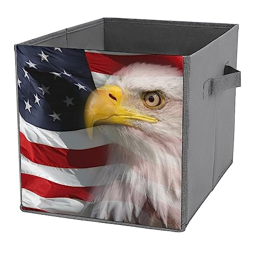 American Bald Eagle USA Flag Storage Cubes with Handles Foldable Fabric Bins Organizing Baskets for Shelves Closet