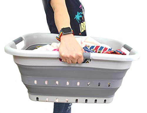 SAMMART 41L (10.8 gallon) Set of 2 Collapsible 3 Handled Plastic Laundry Basket-Foldable Pop Up Storage Container/Organizer-Space Saving Hamper/Basket (2, Grey/Dark Grey)