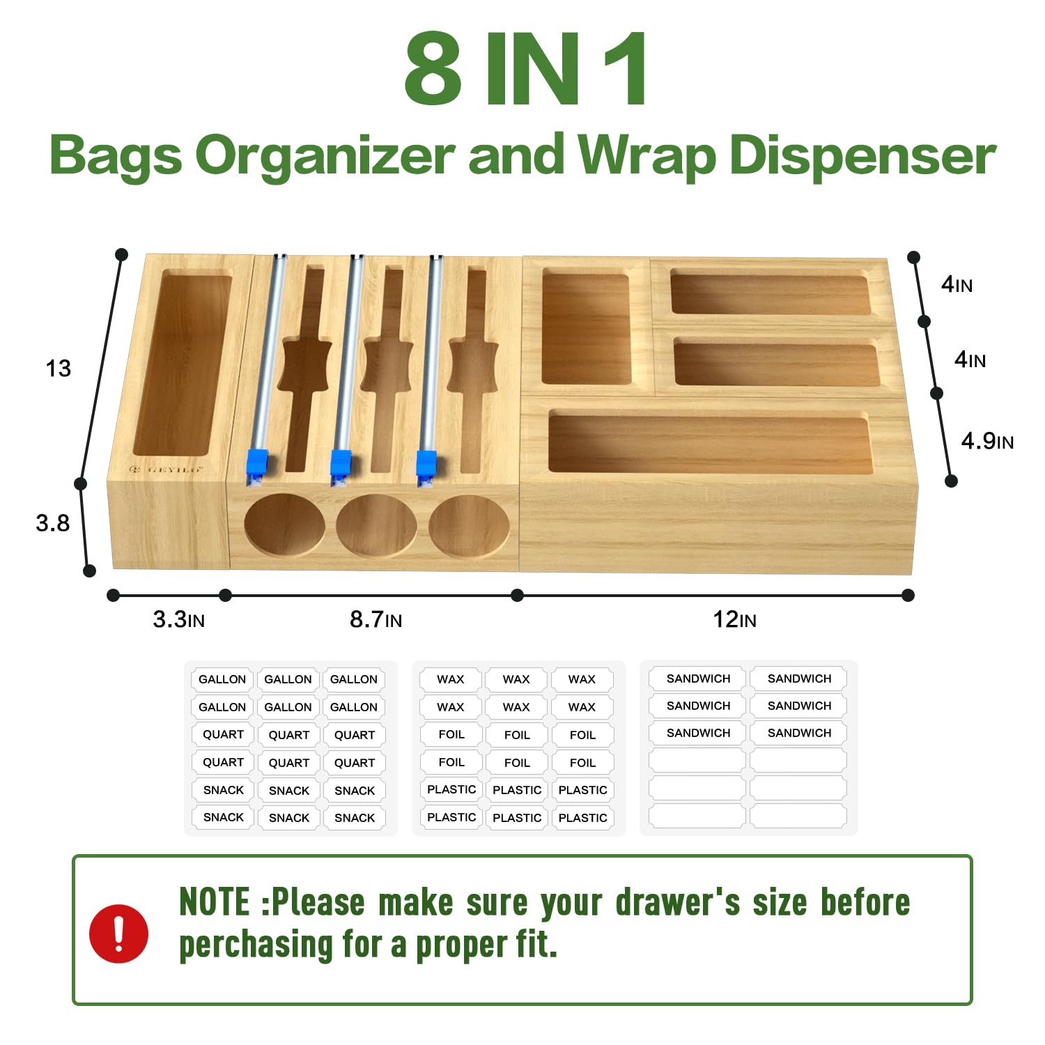 8 in 1 Plastic Wrap Dispenser with Cutter and Bag Organizer, Bamboo Plastic Bag Organizer for Drawer, Kitchen Organizers and Storage, Kitchen Drawer Organizer for Gallon,Quart,Sandwich,Snack Bag