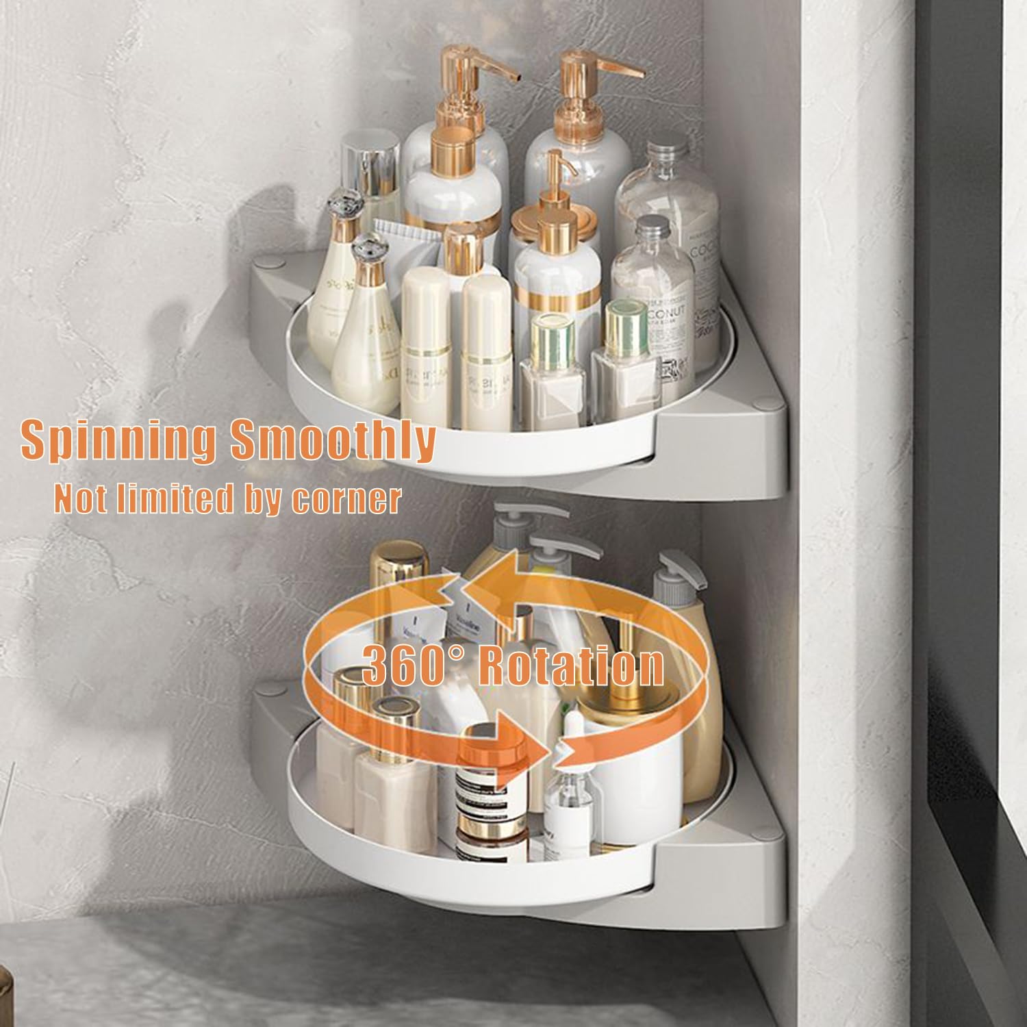 GJFASGF 2 Pack Shower Caddy Corner, 360° Rotate Shower Organizer Shelve, Lazy Susan Organizer Turntable, No Drilling Required Corner Rack, Shelf Storage Basket Wall Mounted for Bathroom Kitchen