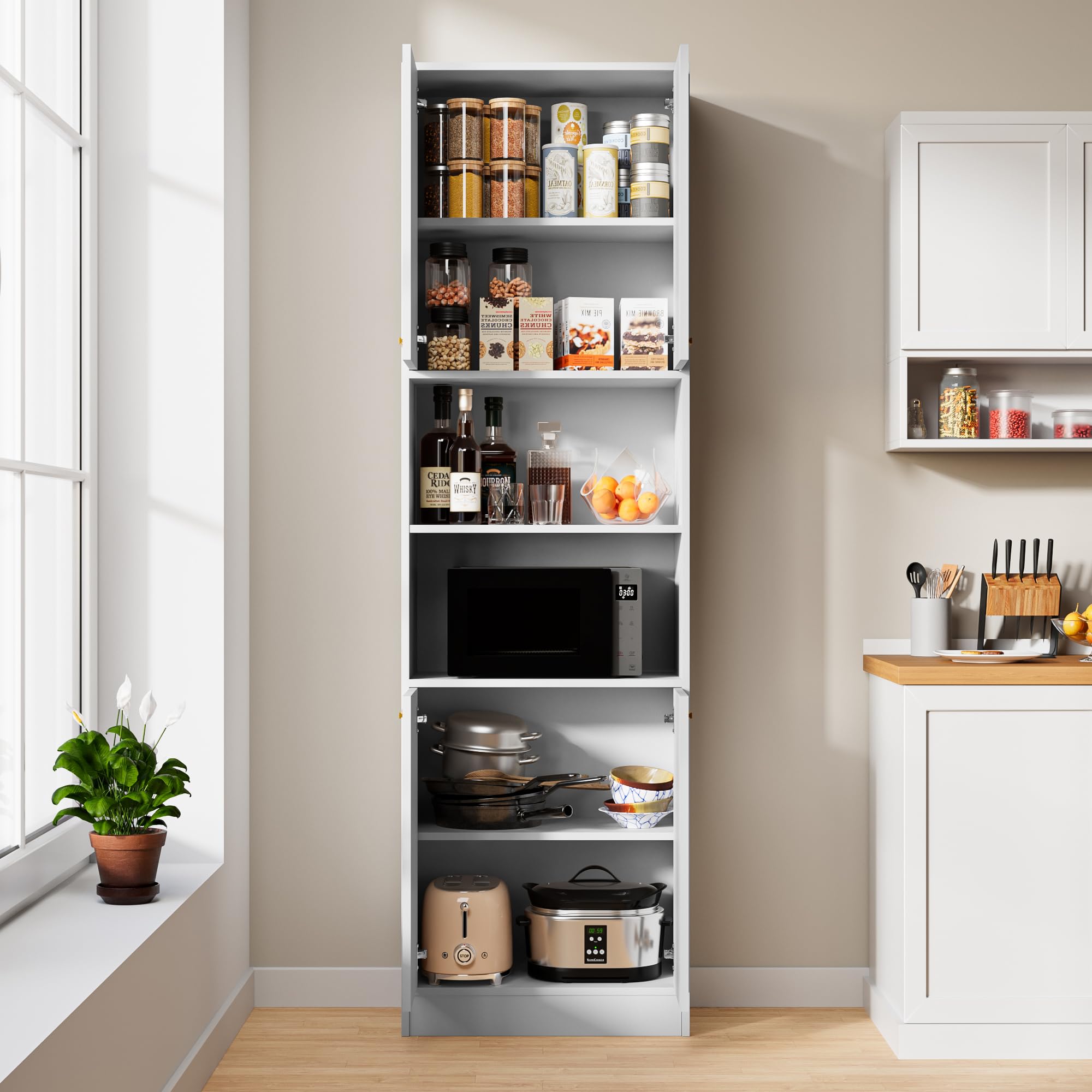 Kitchen Pantry Storage Cabinet 75" Tall 4 Doors Wood Freestanding Cupboard with Open Countertop and Adjustable Shelves Utility Hutch Cabinet for Dining Room Living Room Laundry Bathroom, White