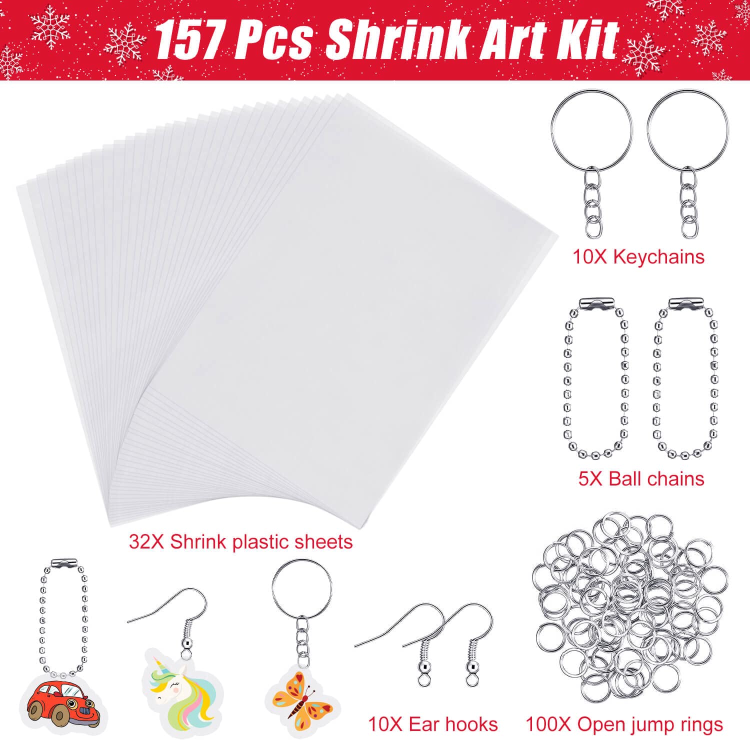 Christmas Shrink Plastic Sheet Kit, for Kids Creative Craft and DIY Ornaments ( 32 Pcs Shrinky Paper with 125 Pcs Keychains Accessories Included