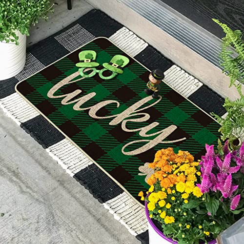Artoid Mode Buffalo Plaid Lucky Clover Shamrock Decorative Doormat, Seasonal Spring St. Patrick's Day Holiday Low-Profile Floor Mat Switch Mat for Indoor Outdoor 17 x 29 Inch