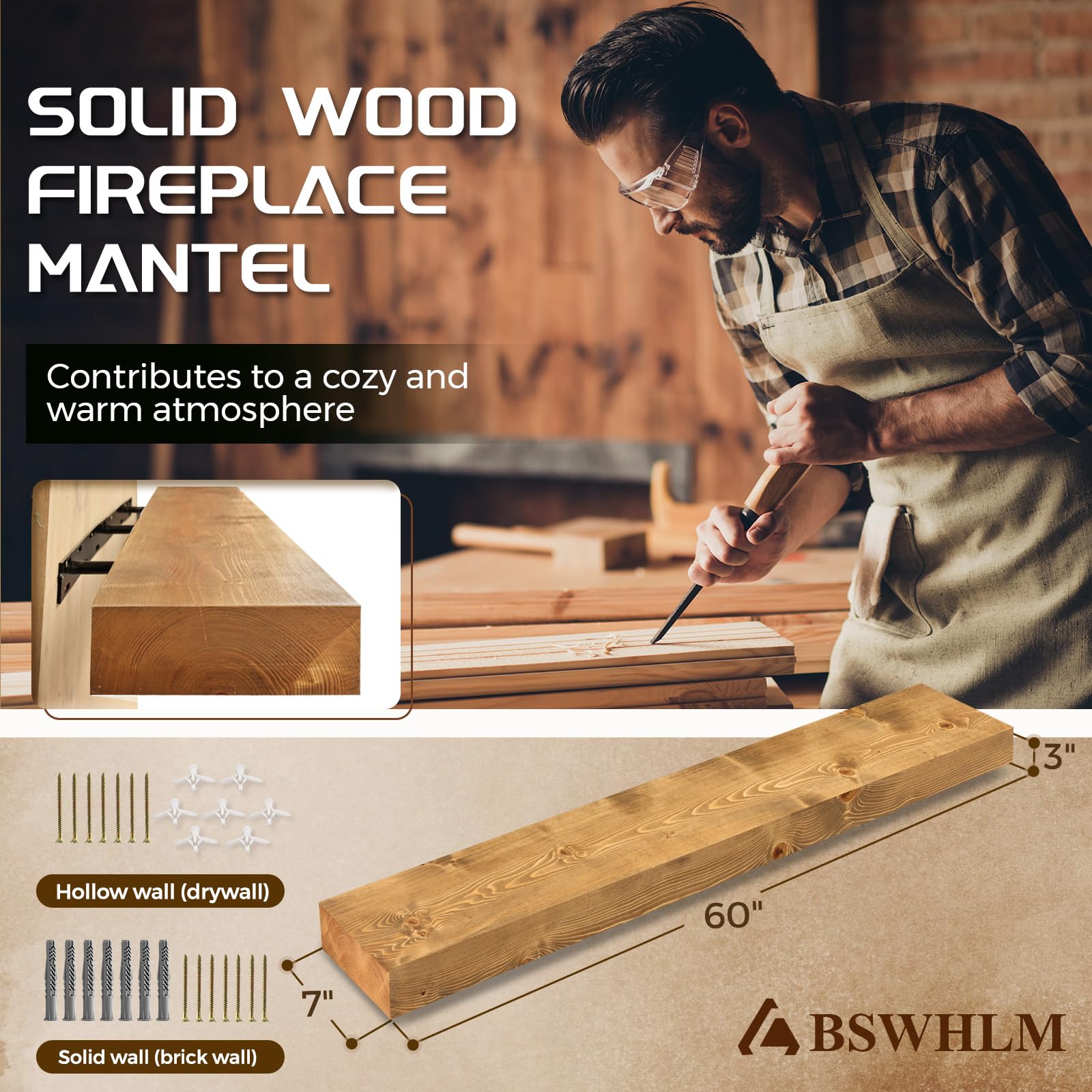 ABSWHLM 60x7x3 Fireplace Mantel - Solid Rustic Wood - Wall Mounted Floating Shelf with Invisible Heavy Duty Steel Bracket (Natural Wood)