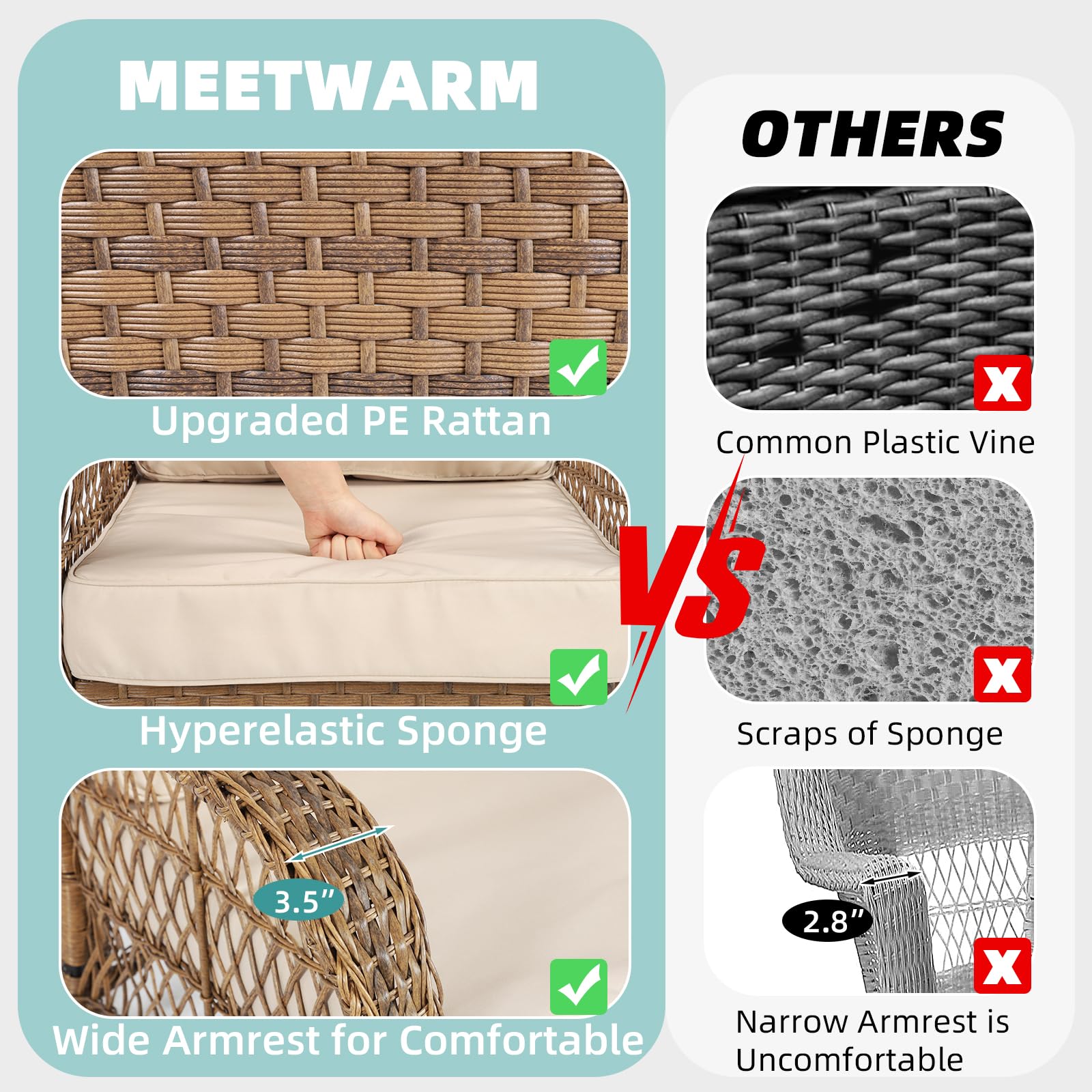 MEETWARM Outdoor Wicker Rocking Chair, Rattan Patio Rocker Chairs with Cushions and Steel Frame - Beige