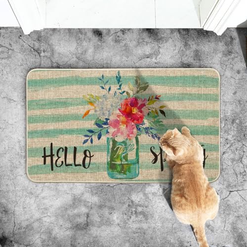 Artoid Mode Watercolor Stripes Hello Spring Doormat, Seasonal Holiday Home Low-Profile Floor Mat Switch Mat for Indoor Outdoor 17 x 29 Inch