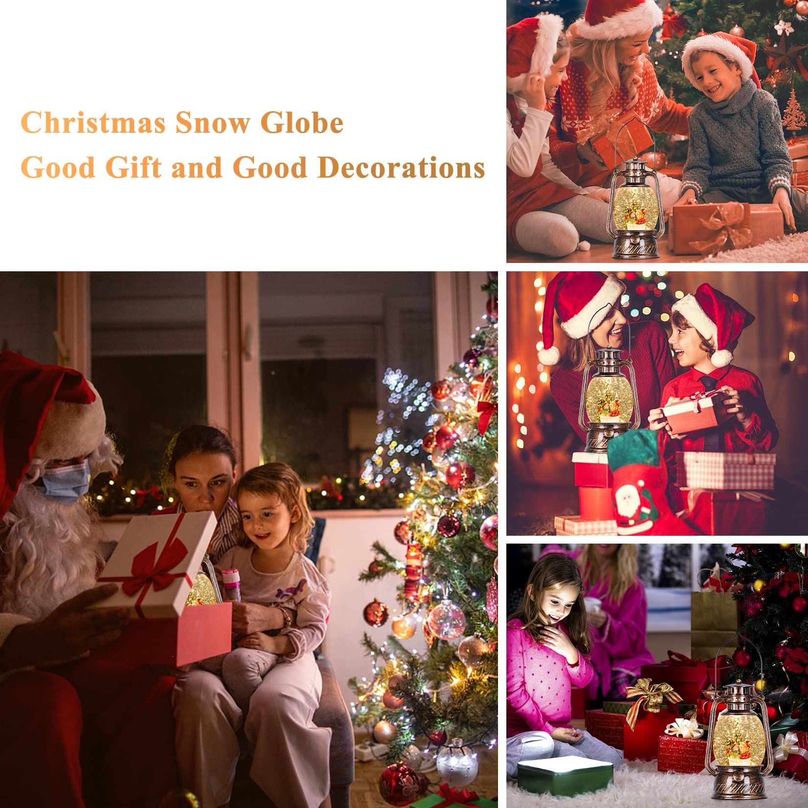 Christmas Snow Globes with Two Cute Snowman, Kikth Snowglobes Christmas Lantern Glitter Lighted for Christmas Decorations and Gift, Bronze