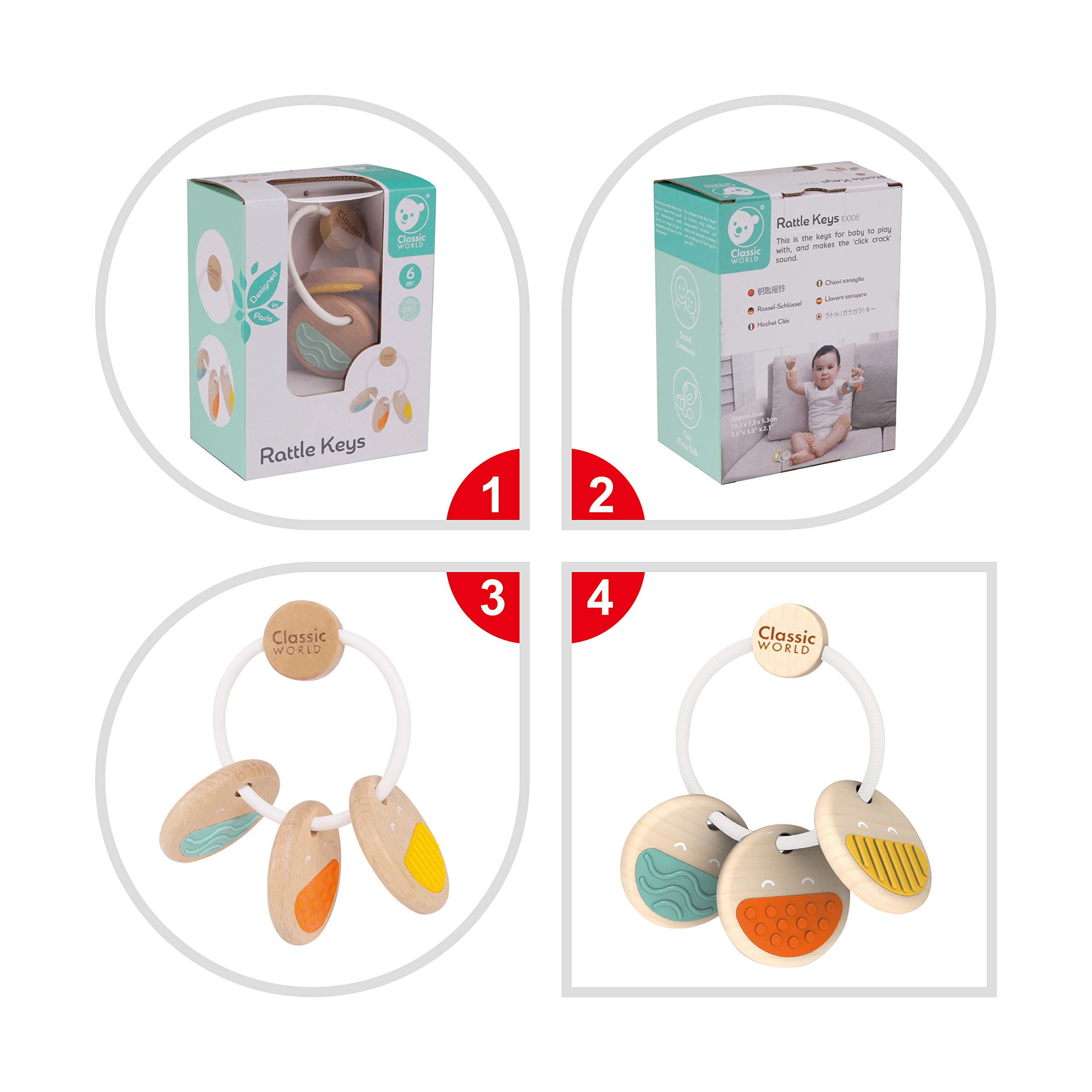 Classic World Wooden Rattle Teether Teething Toy Natural Teether, Rattle Key with Silicone, Wood Teether