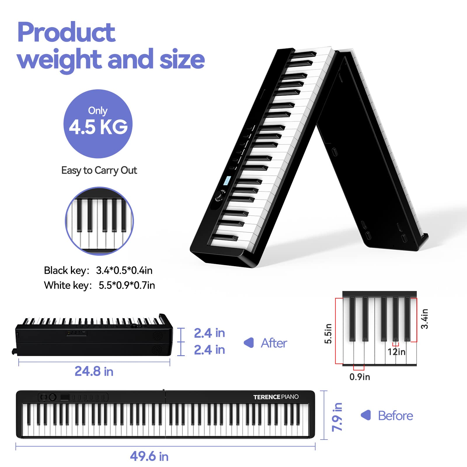 61-Key Foldable Digital Piano Keyboard, Full Size Semi-Weighted Keyboard & 1800mAh Battery Support USB/MIDI with Bluetooth Sheet Music Stand Sticker Bag Audio Cable Earphones Fit for Beginners Kids