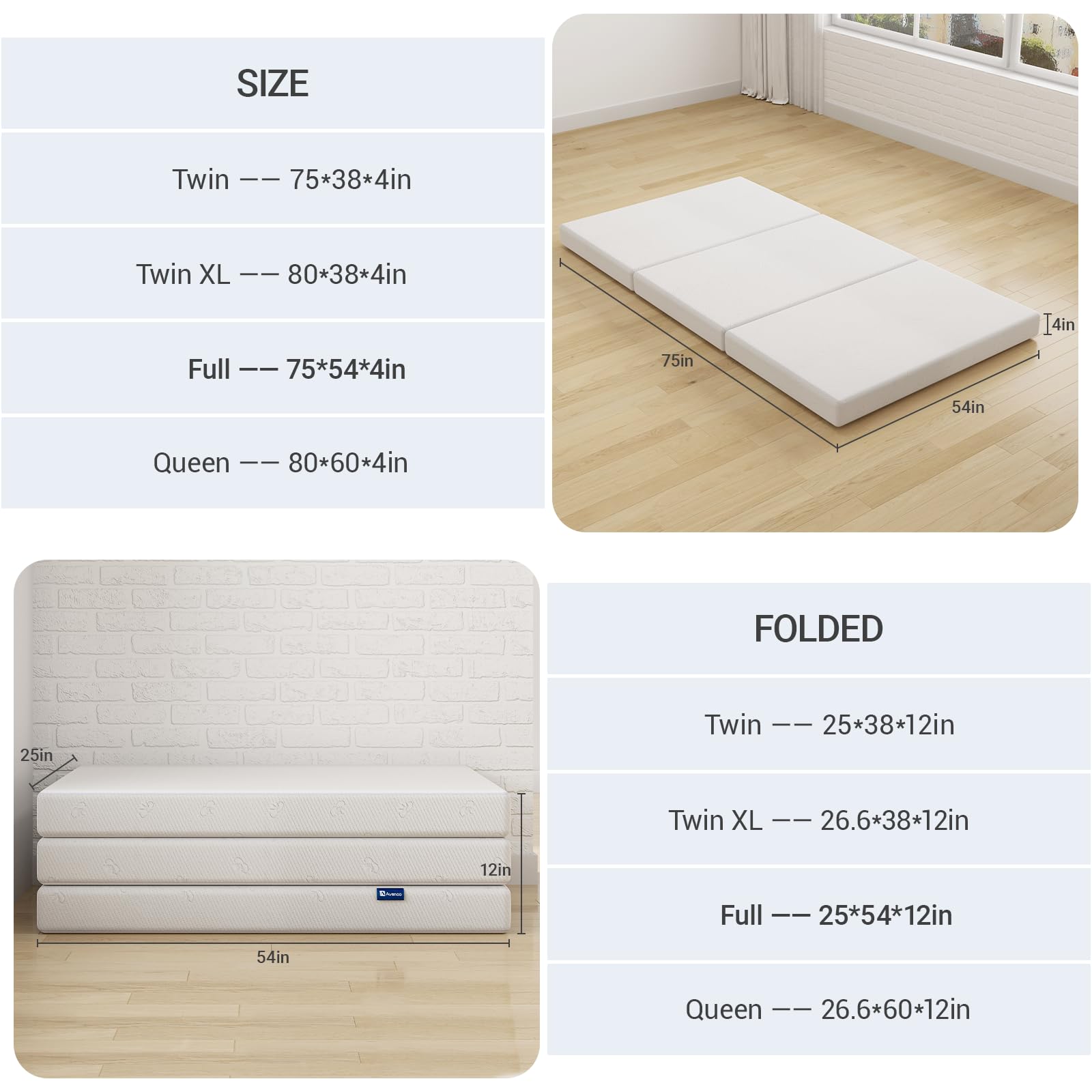 Avenco Folding Mattress, 4 Inch Trifold Mattress, Full Size Folding Mattress for Indoors, RV/Camper Van, Travel, Camping, Guest Room-Breathable Cover & Non-Slip Bottom