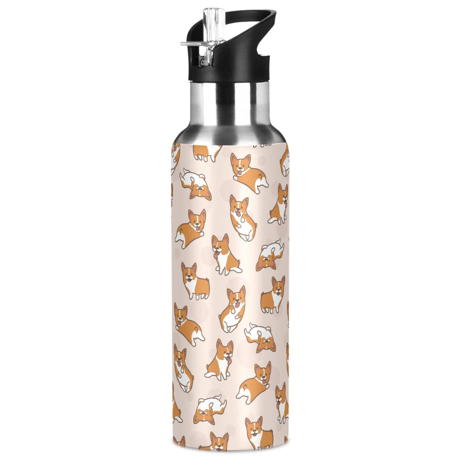 ALAZA Cute Little Corgi Dogs Water Bottle with Straw Lid Vacuum Insulated Stainless Steel Thermo Flask Water Bottle 32oz
