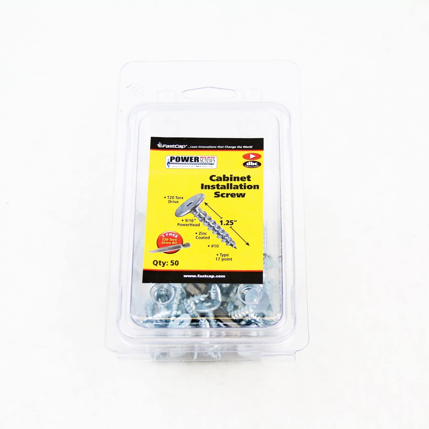 FastCap T20 Torx Drive - 1.25" Screw Length, 9/16" PowerHead, Zinc Coated, Type 17 Point, 50-Pack - 80011