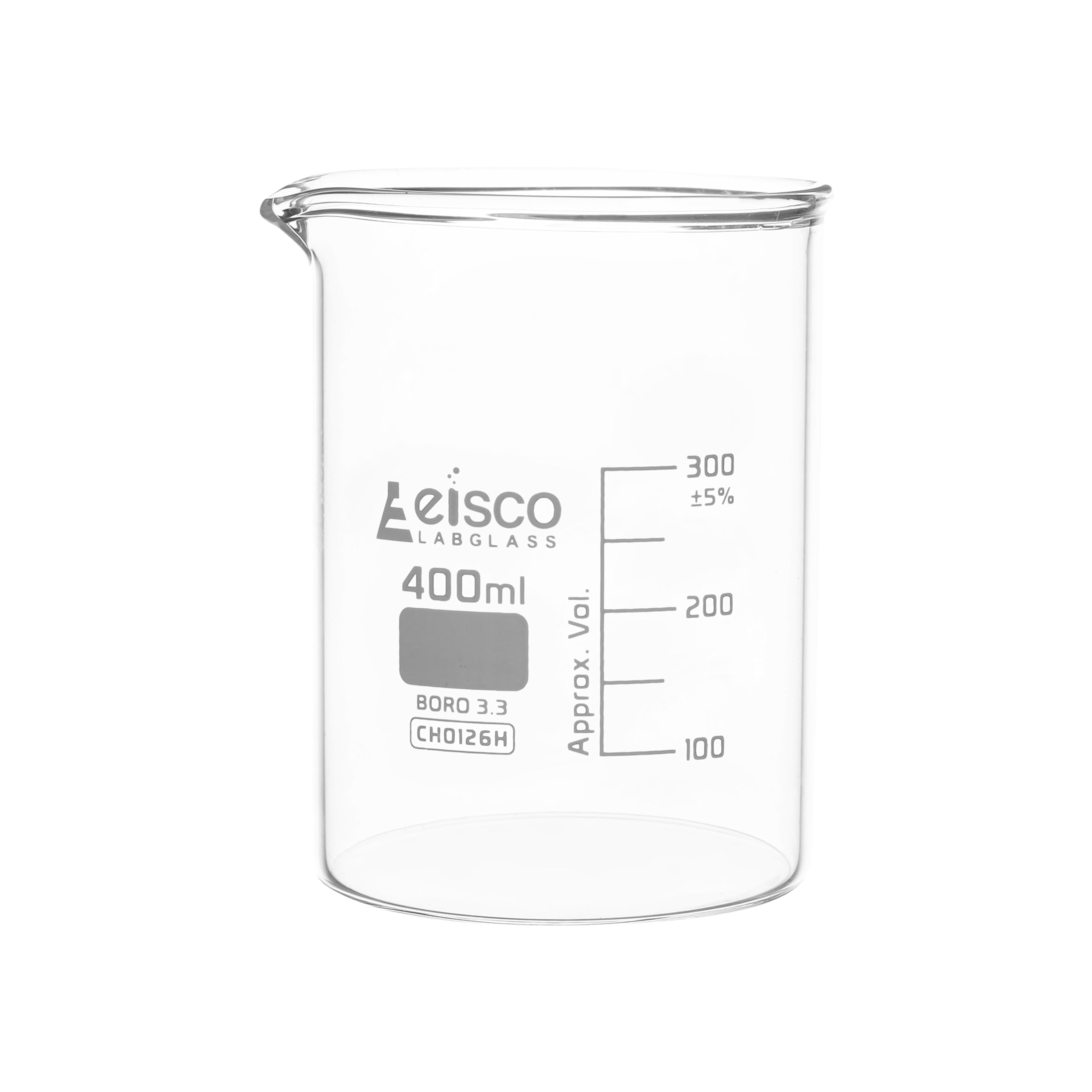 EISCO Beaker, 400ml - Low Form with Spout - White, 50ml Graduations - Borosilicate 3.3 Glass