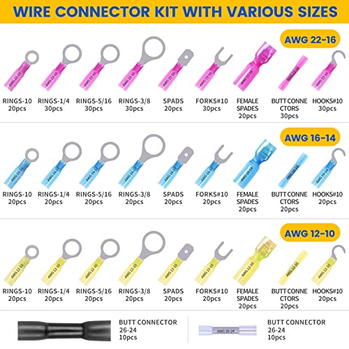 620PCS Heat Shrink Wire Connectors,Heat Shrink Butt Connector,Self-Welding Marine Waterproof and Wear-Resising Connector Terminal Insulation Ring Butt Connector