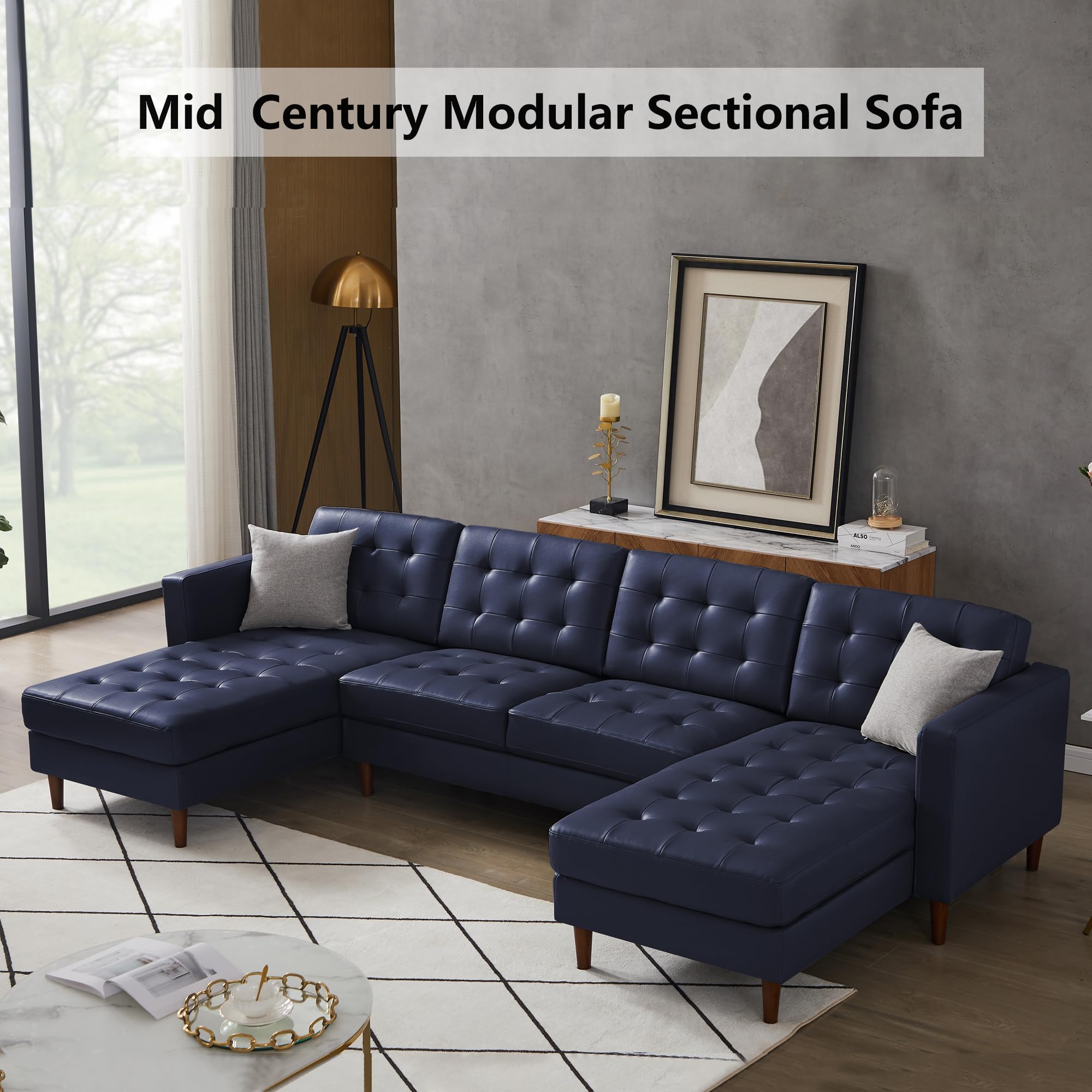 Aoowow Modular Sectional Sofa Convertible U Shaped Sectional Couch, Modern Faux Leather Upholstered Sofa Couch Comfy Sleeper Sofa Set with Reversible Chaise for Living Room(Blue)