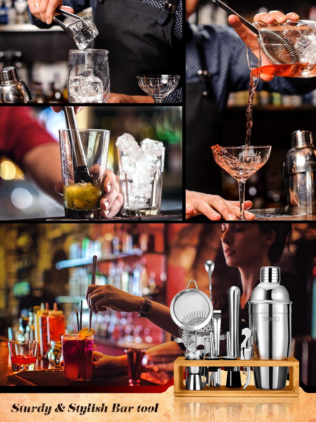 Bartender Kit, TNCO Cocktail Shaker Set with Stand,Bar Set Drink Mixer Set with All Essential Bar Accessory,Martini Mixer Cup with Muddler,Jigger, Strainer,Ice Tongs,Spoon,Liquor Pourers,Ice Filter