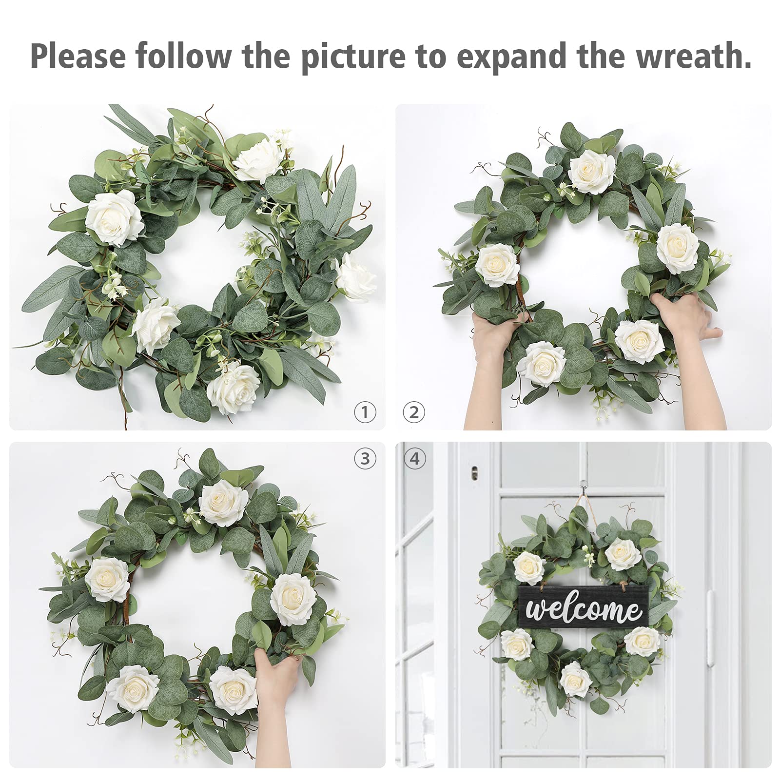 Dremisland Welcome Wreath for Front Door,18 Inch Artificial Rose Eucalyptus Leaves Wreath,Floral Garland Wreath for Window Garden Festival Celebration Wedding Home Decor (Black)