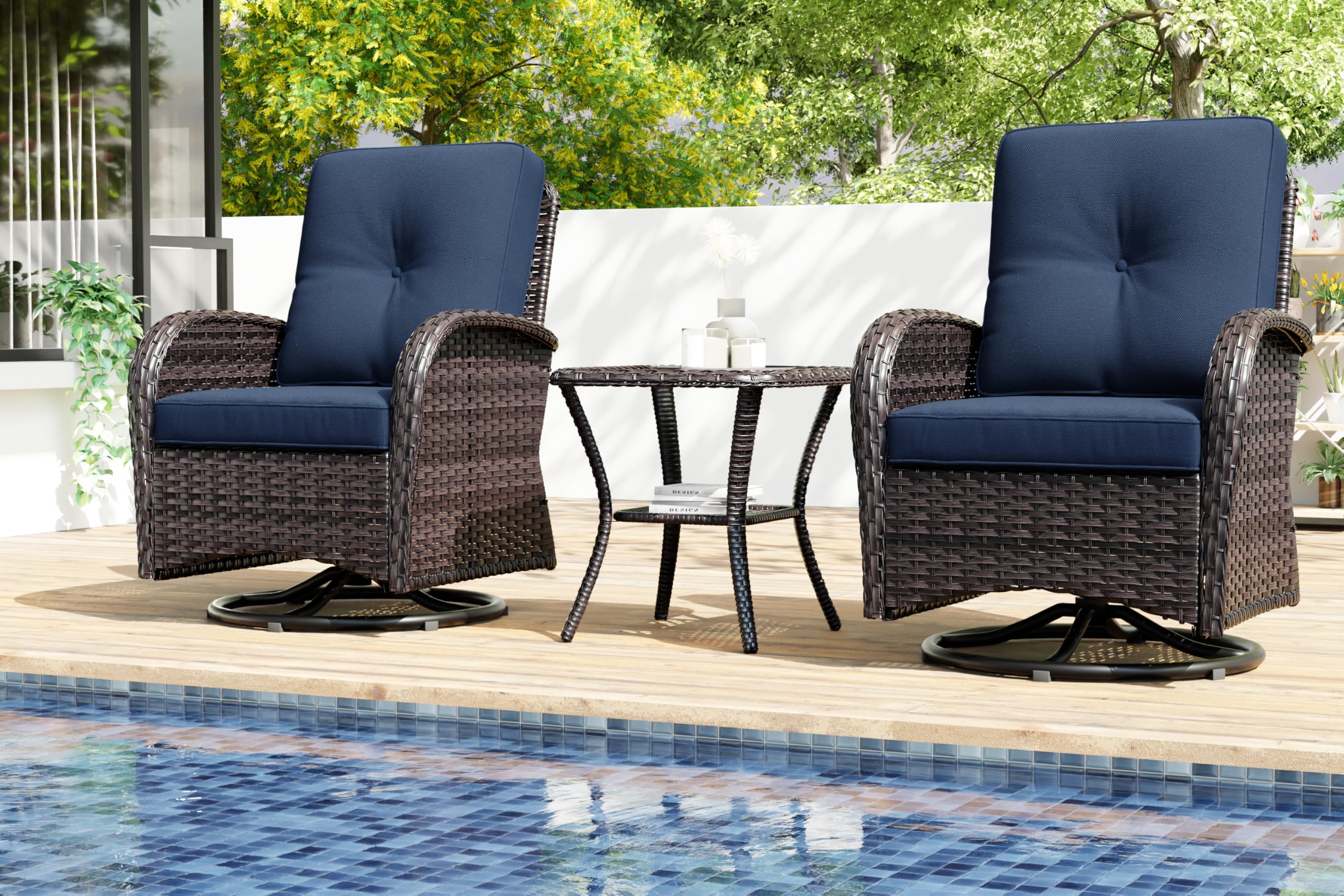 MeetLeisure Patio Swivel Glider Wicker Chairs - Outdoor Swivel Rocking Chairs Set of 2 with Wicker Side Table, Outdoor Swivel Rocker Chair Set 3 Piece Patio Furniture Set(Brown/Blue)